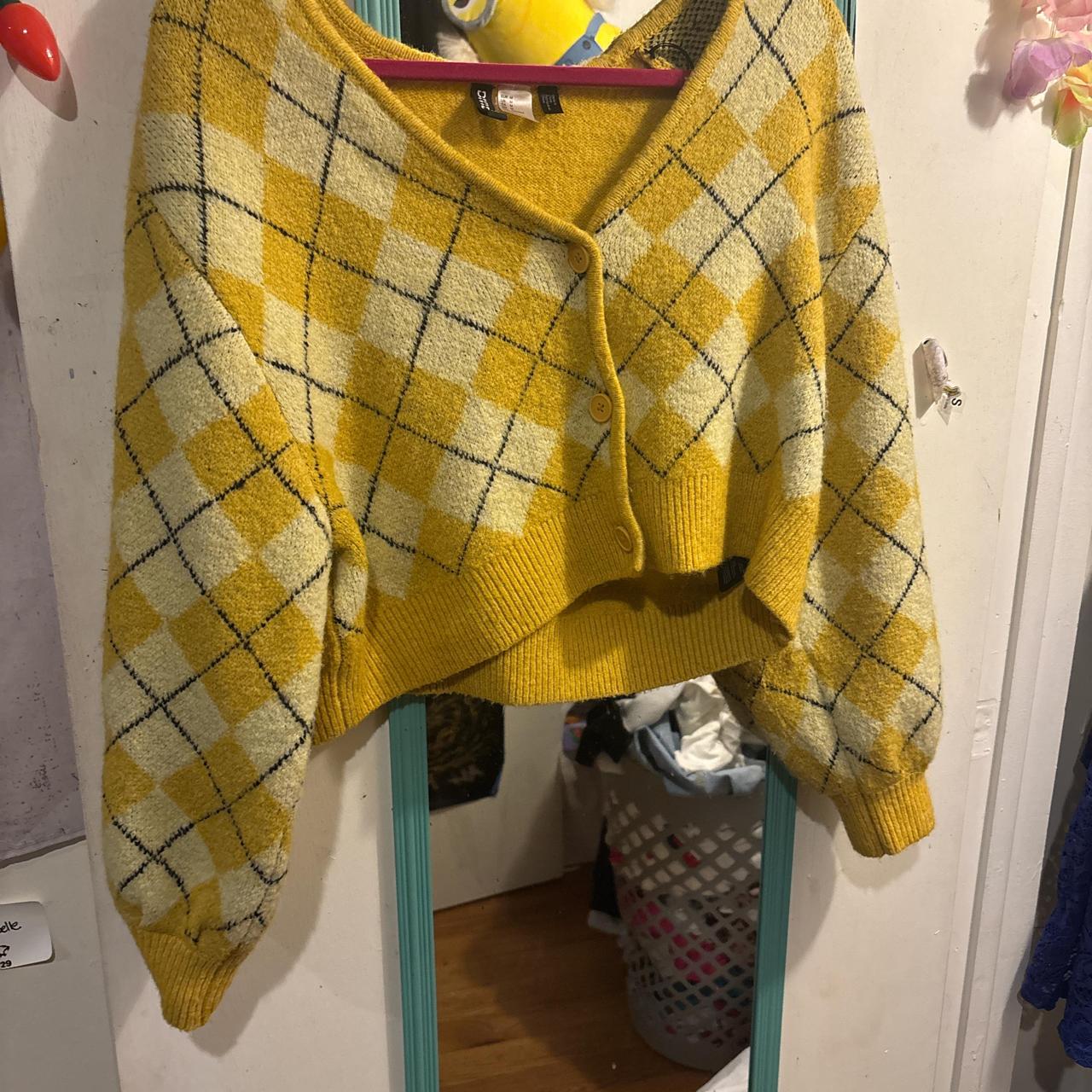 Yellow and navy checkered cardigan #indie | Depop