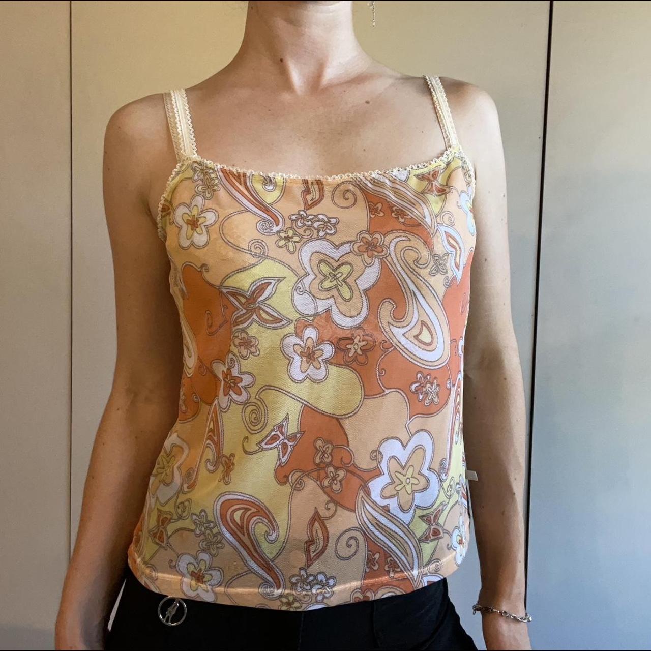 Mesh pattern top 🪸 Sheer cami with retro, floral,... - Depop