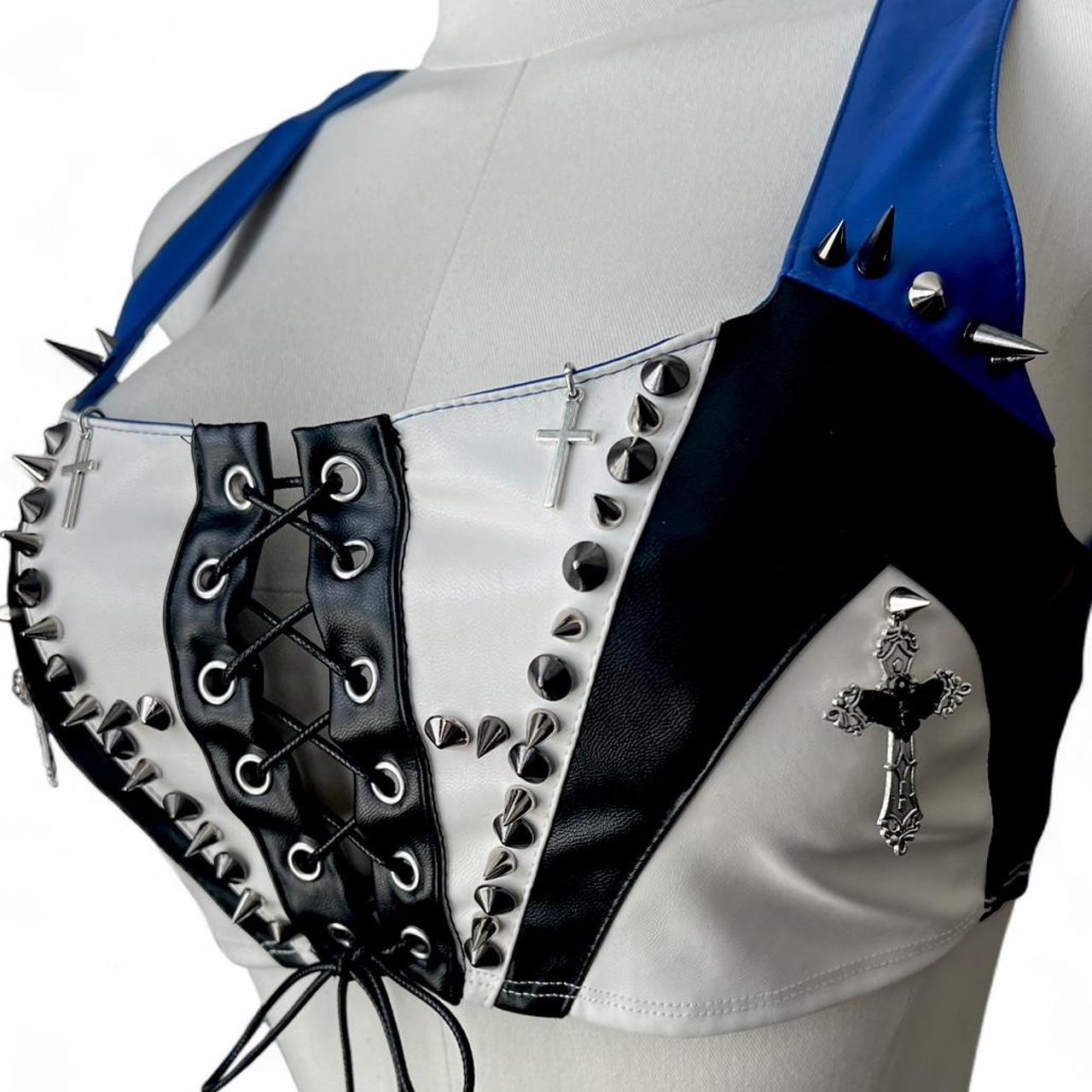 Black white and blue up-cycled faux leather corset... | Depop