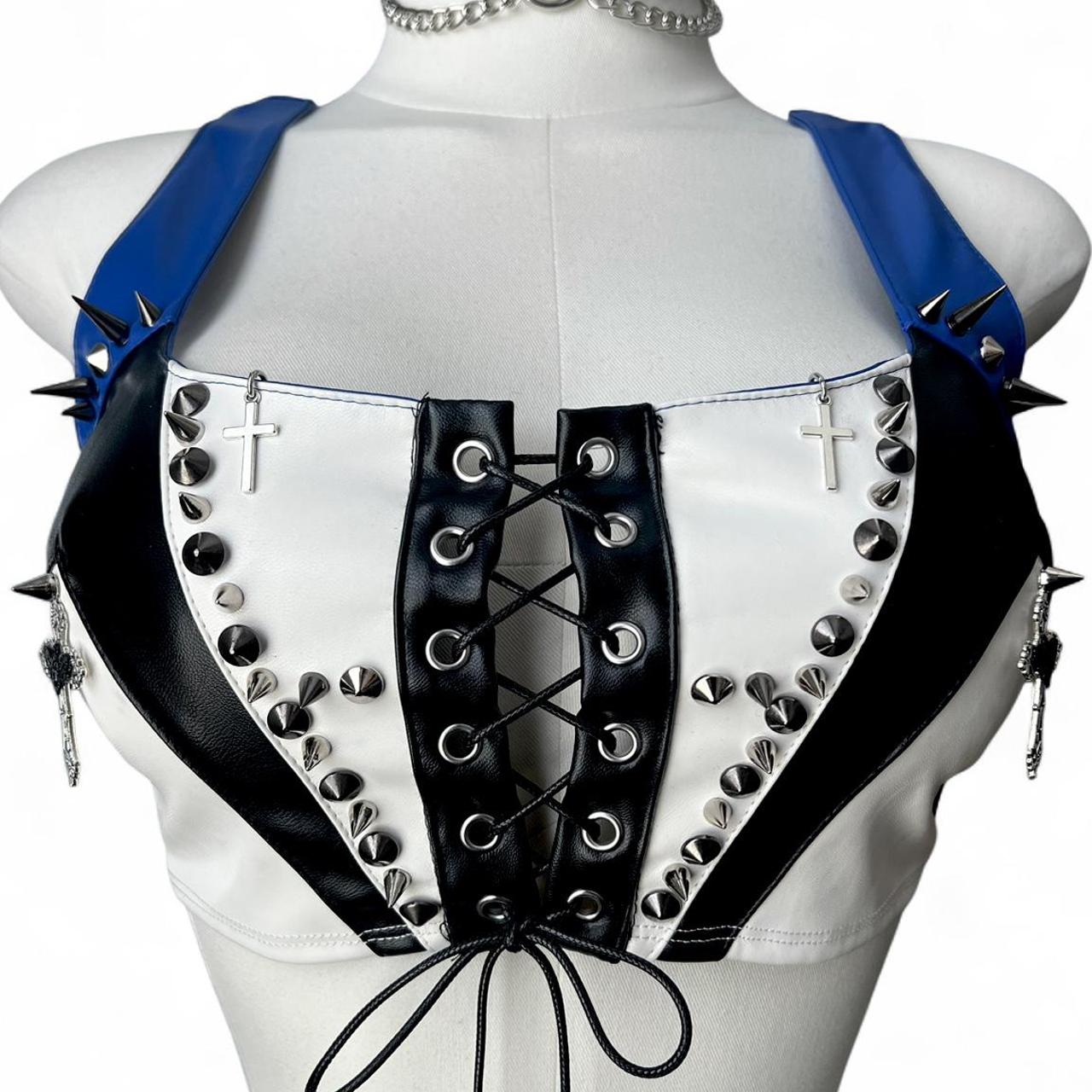 Black white and blue up-cycled faux leather corset... | Depop