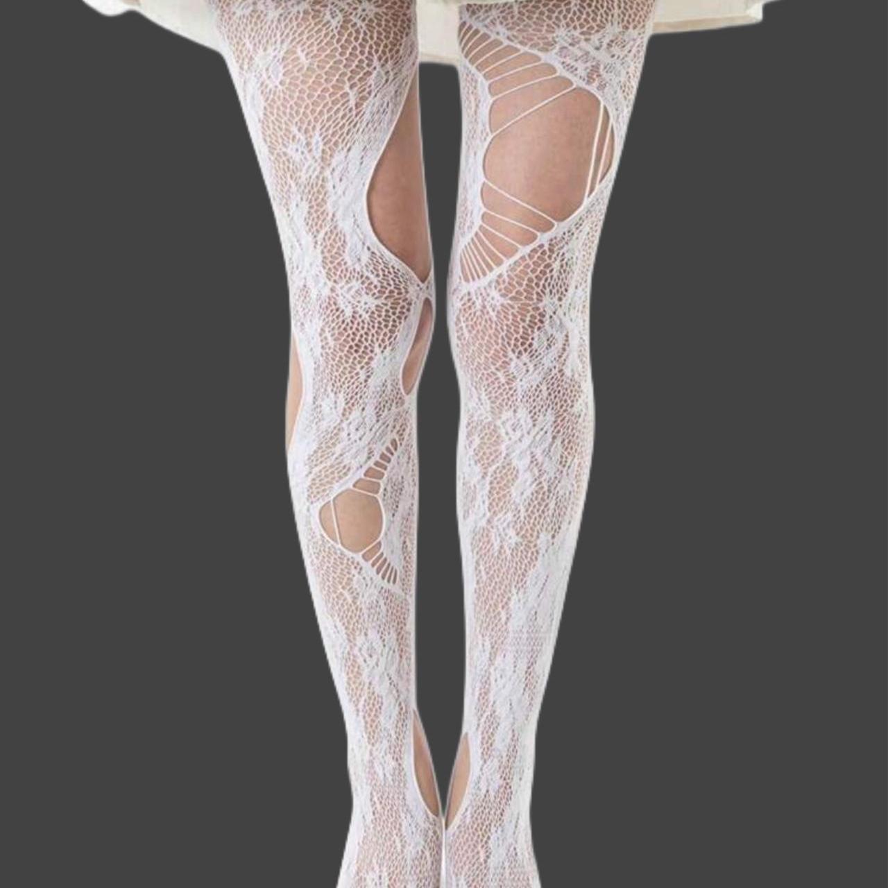 White lace high-waisted ripped fishnet tights ONE... | Depop