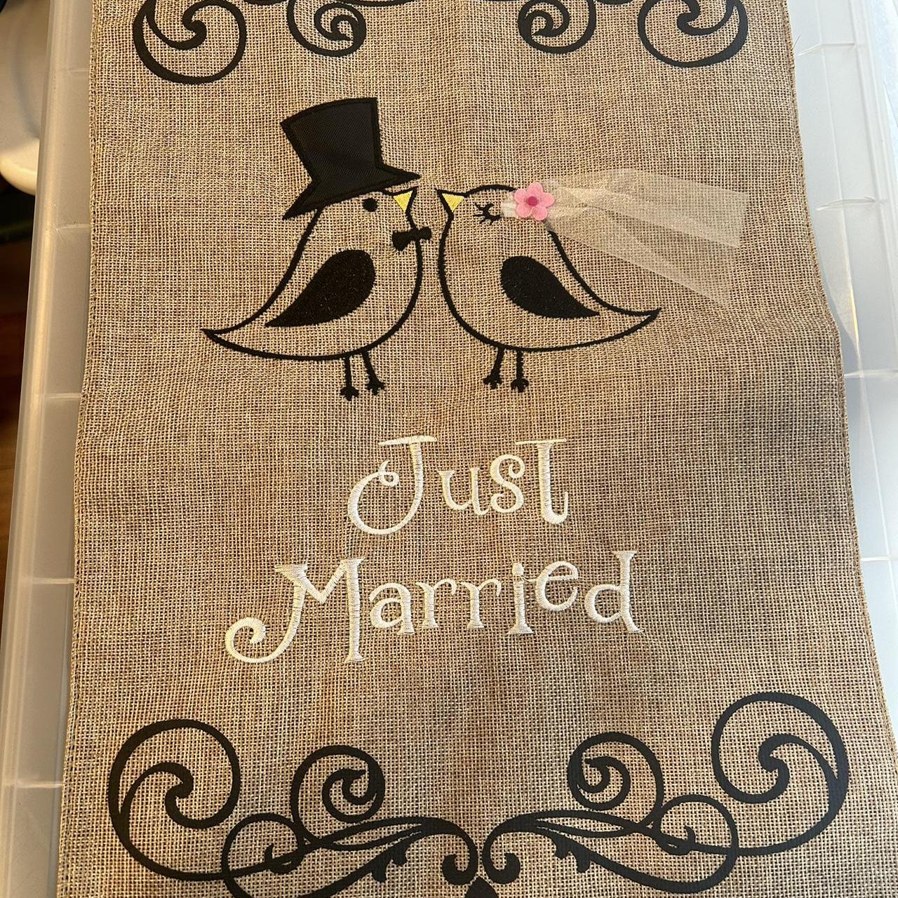Cute burlap wedding mini flag with birds & flowers,... | Depop