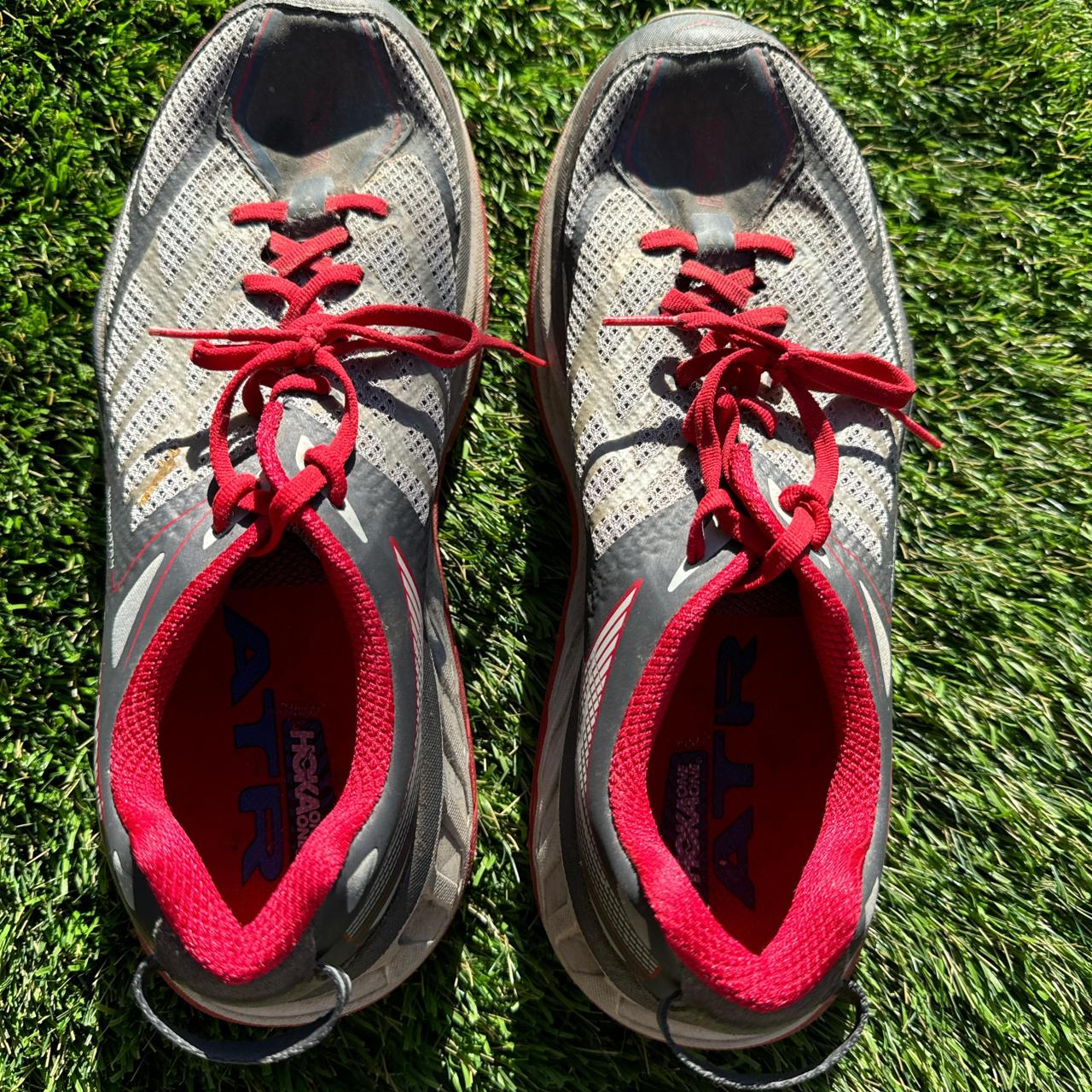 Grey and red Hoka One One trainers Stinson ATA4... | Depop