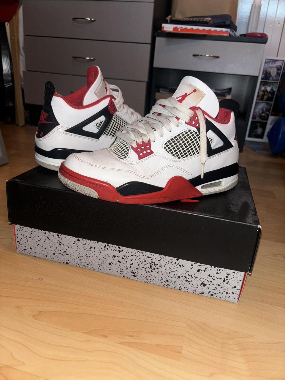 Retro Jordan 4s. White/Fire Red-Black-Tech... - Depop