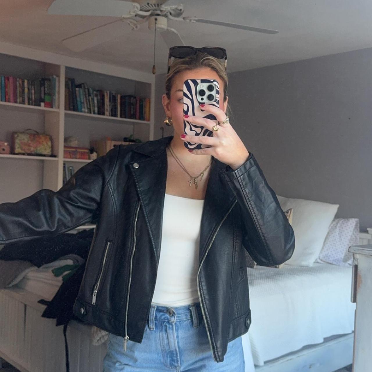 Black faux leather biker jacket #bikerchic size 10... - Depop