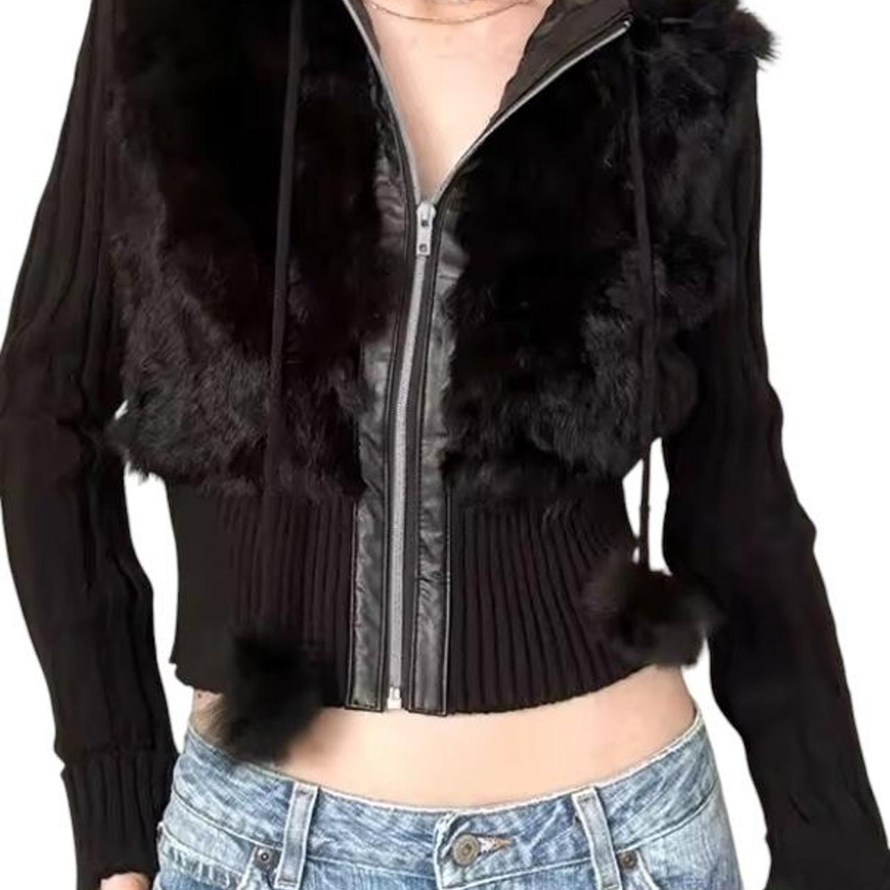 Black cropped furry hoodie with zipper and hood... | Depop
