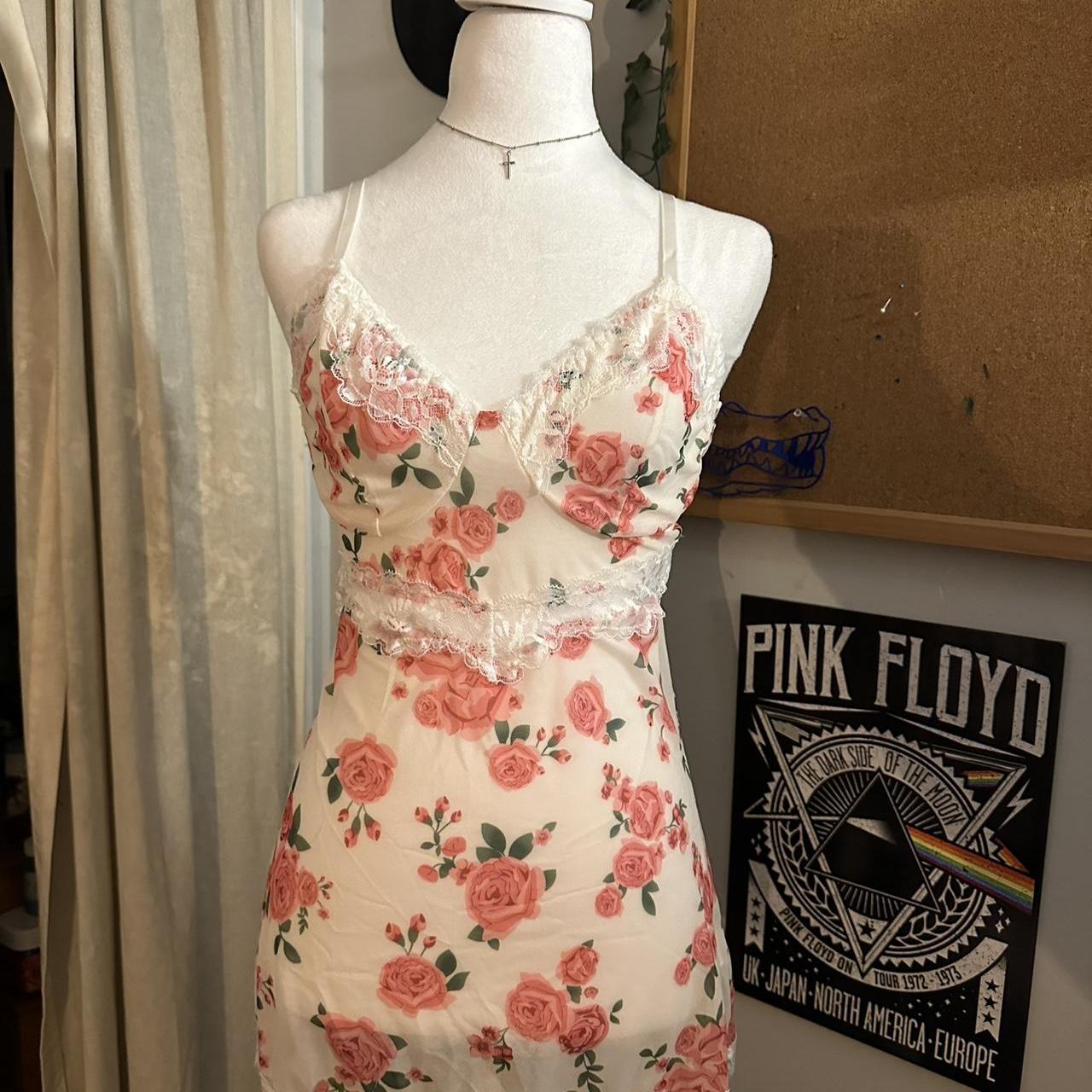White and pink lace slip top with floral pattern... | Depop