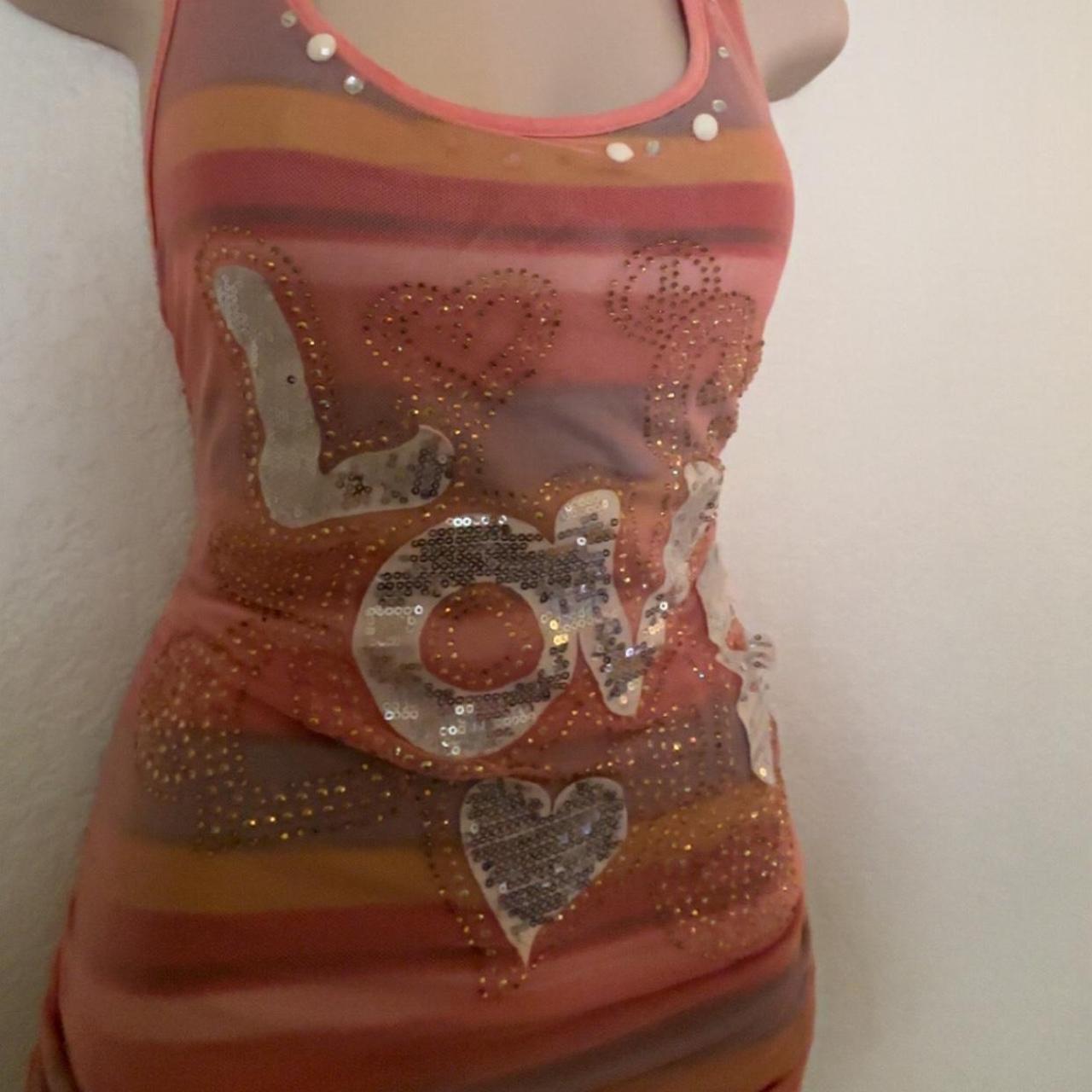 Pink and rainbow sequined 2000s tank top, with... | Depop