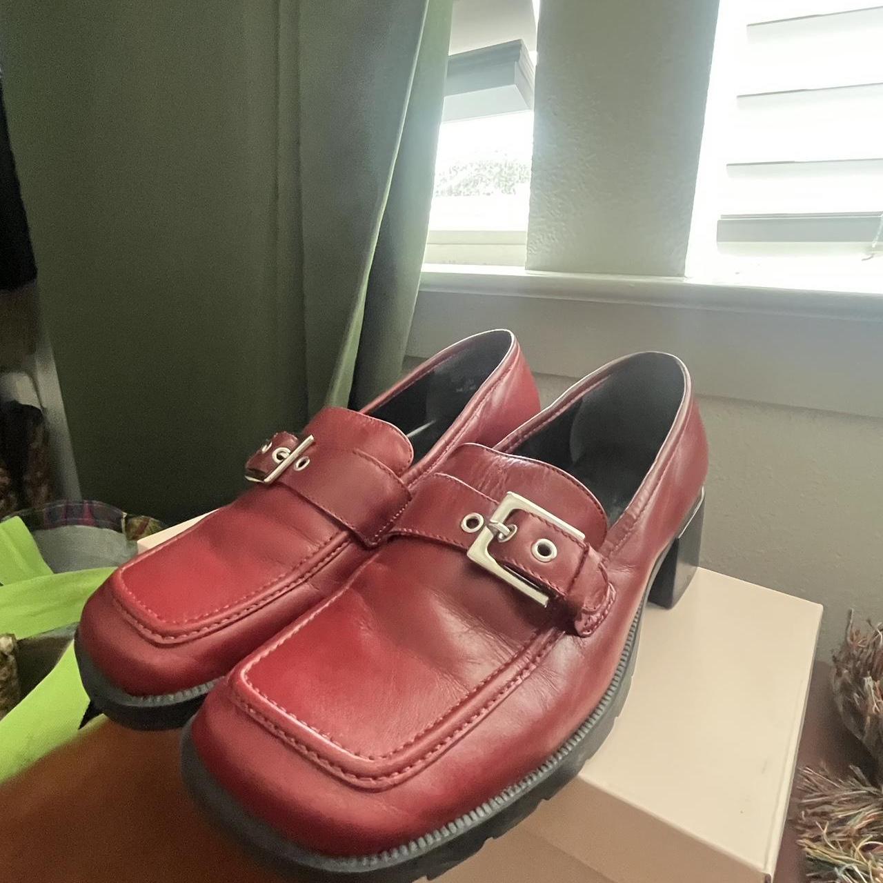 Chunky red leather loafers with buckle detail Nine... | Depop