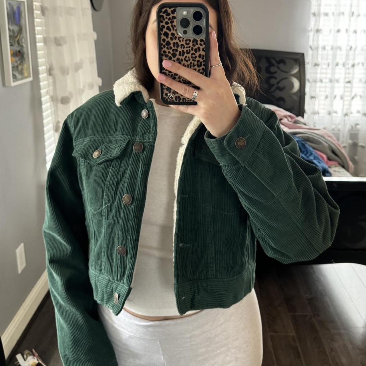 Emerald green corduroy cropped jacket with sherpa on... | Depop