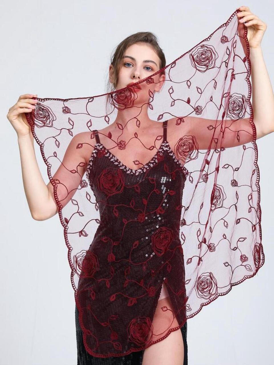 DEADSTOCK SHEIN Red embroidered rose scarf/ fabric.... - Depop