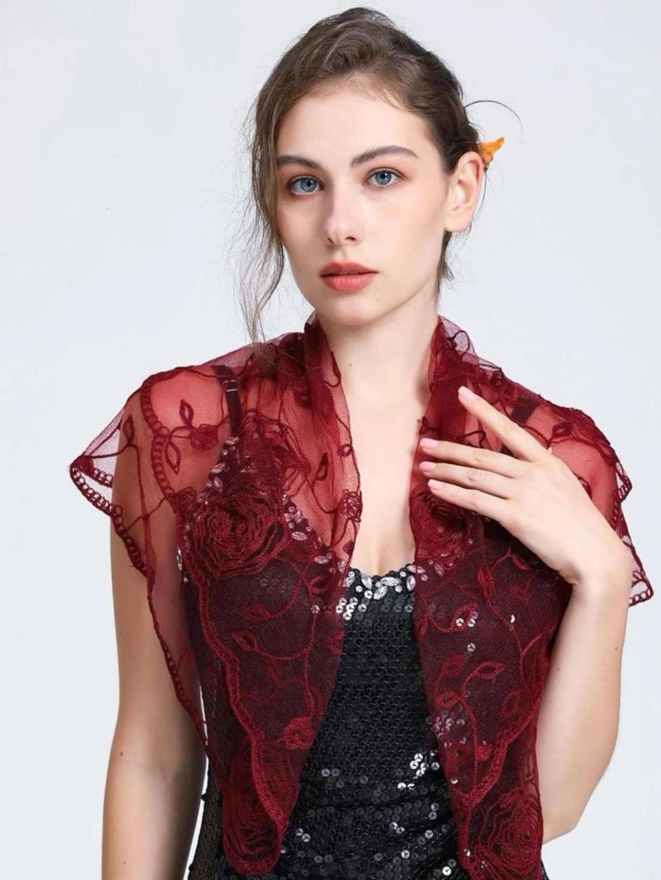 DEADSTOCK SHEIN Red embroidered rose scarf/ fabric.... - Depop