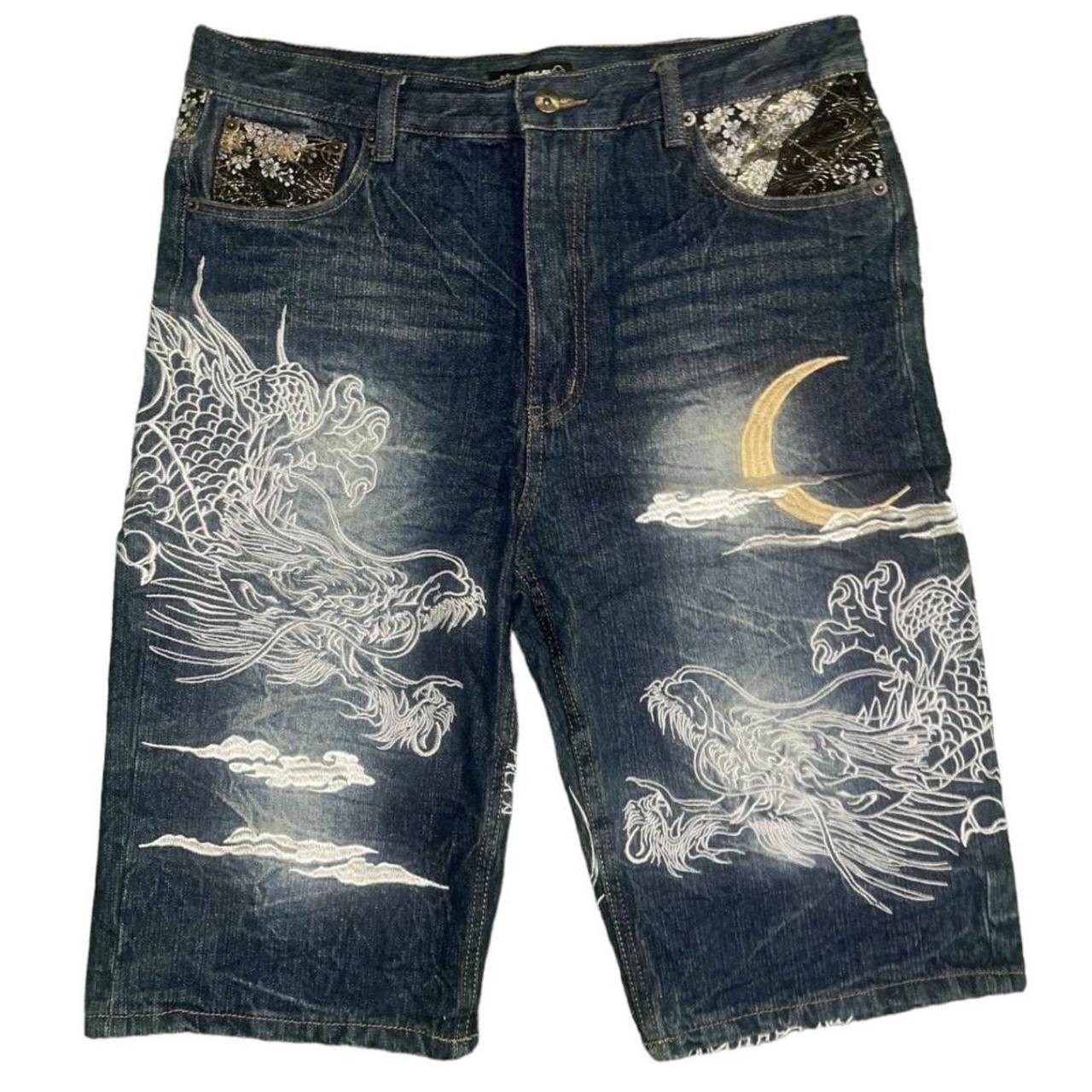 Japanese embroidered denim jorts Style~... - Depop