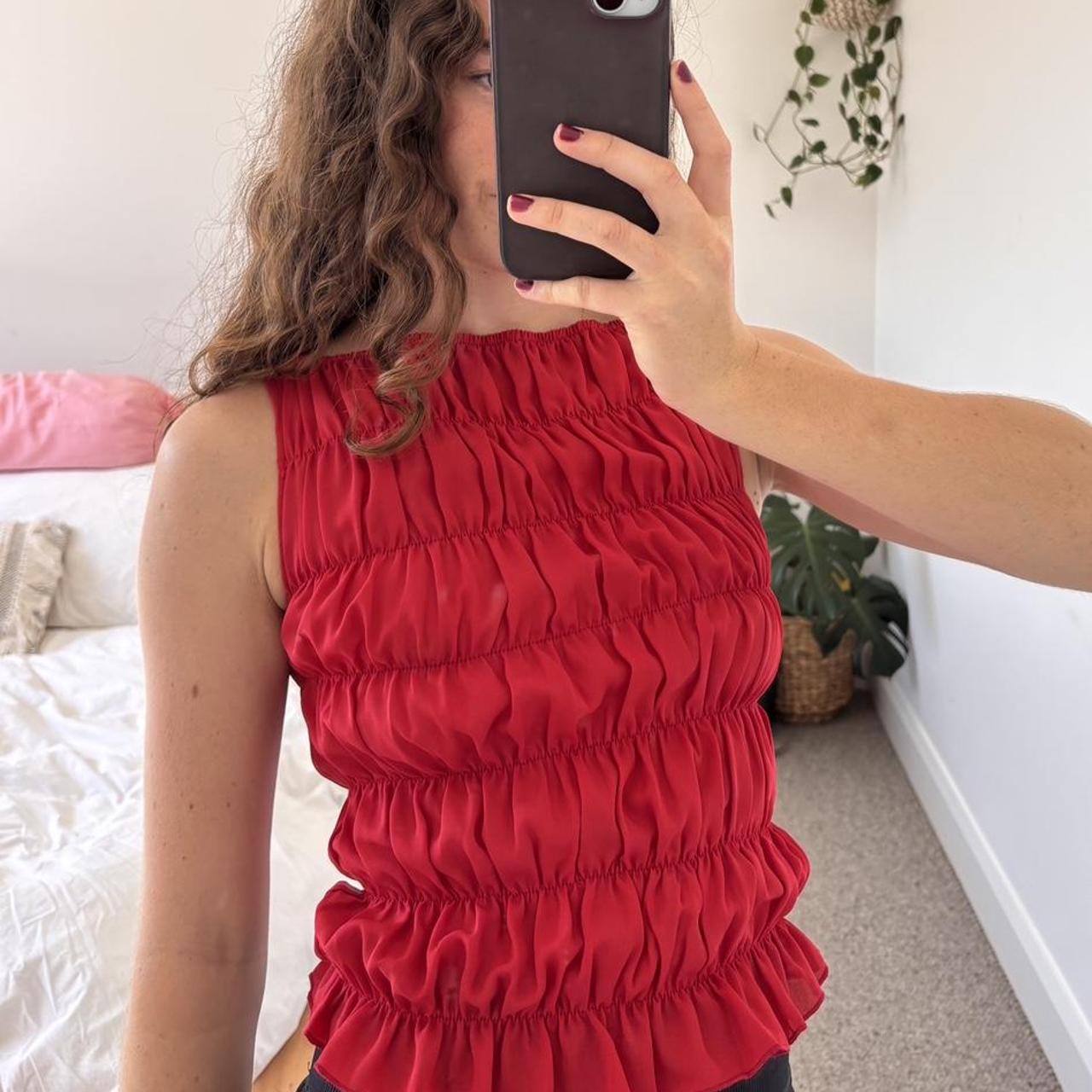 Super cute high neck Red ruched top with a stretchy fit | Depop
