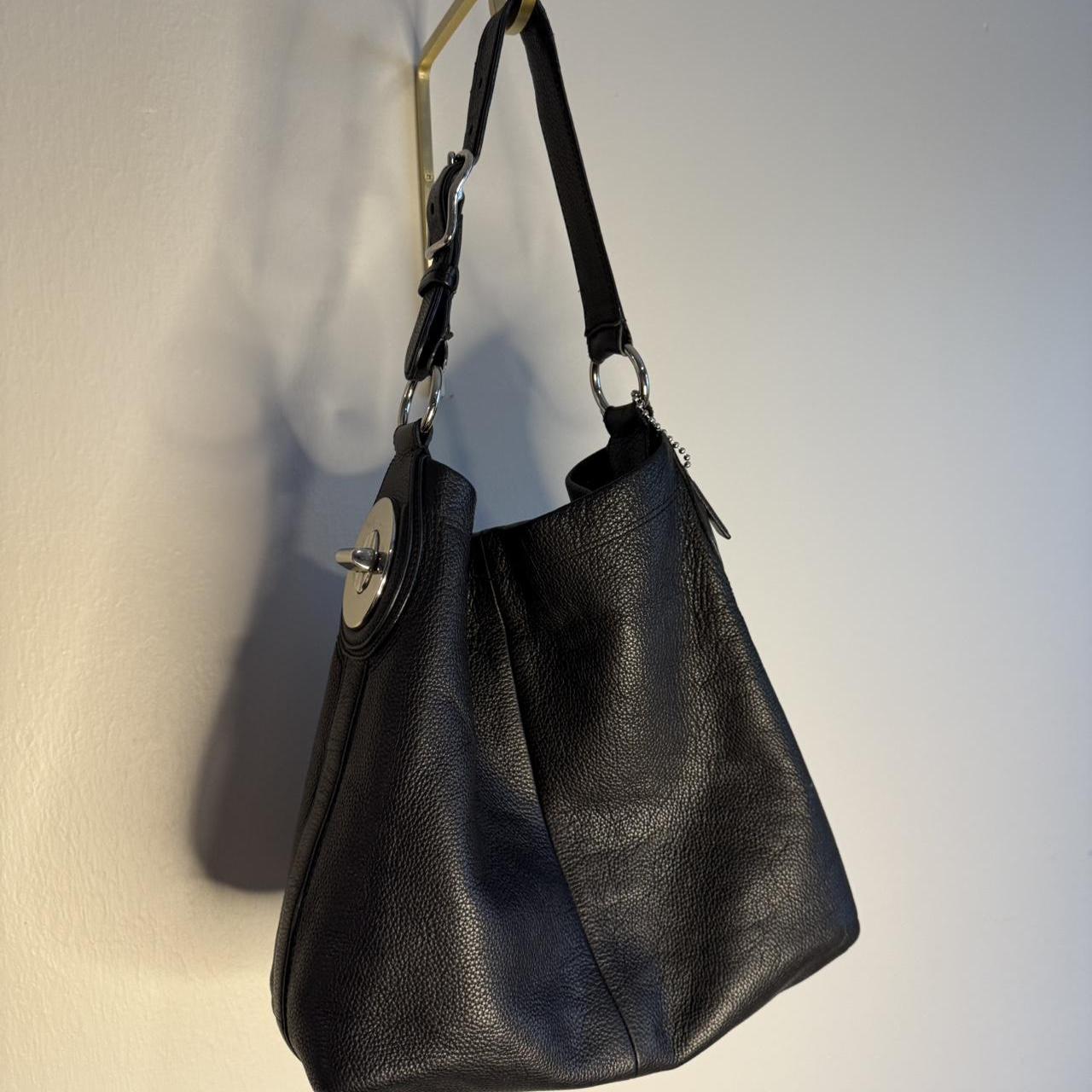 Vintage coach Black leather shoulder bag with silver... - Depop