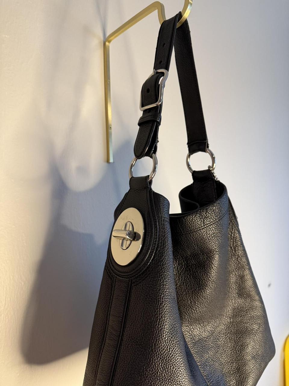 Vintage coach Black leather shoulder bag with silver... - Depop