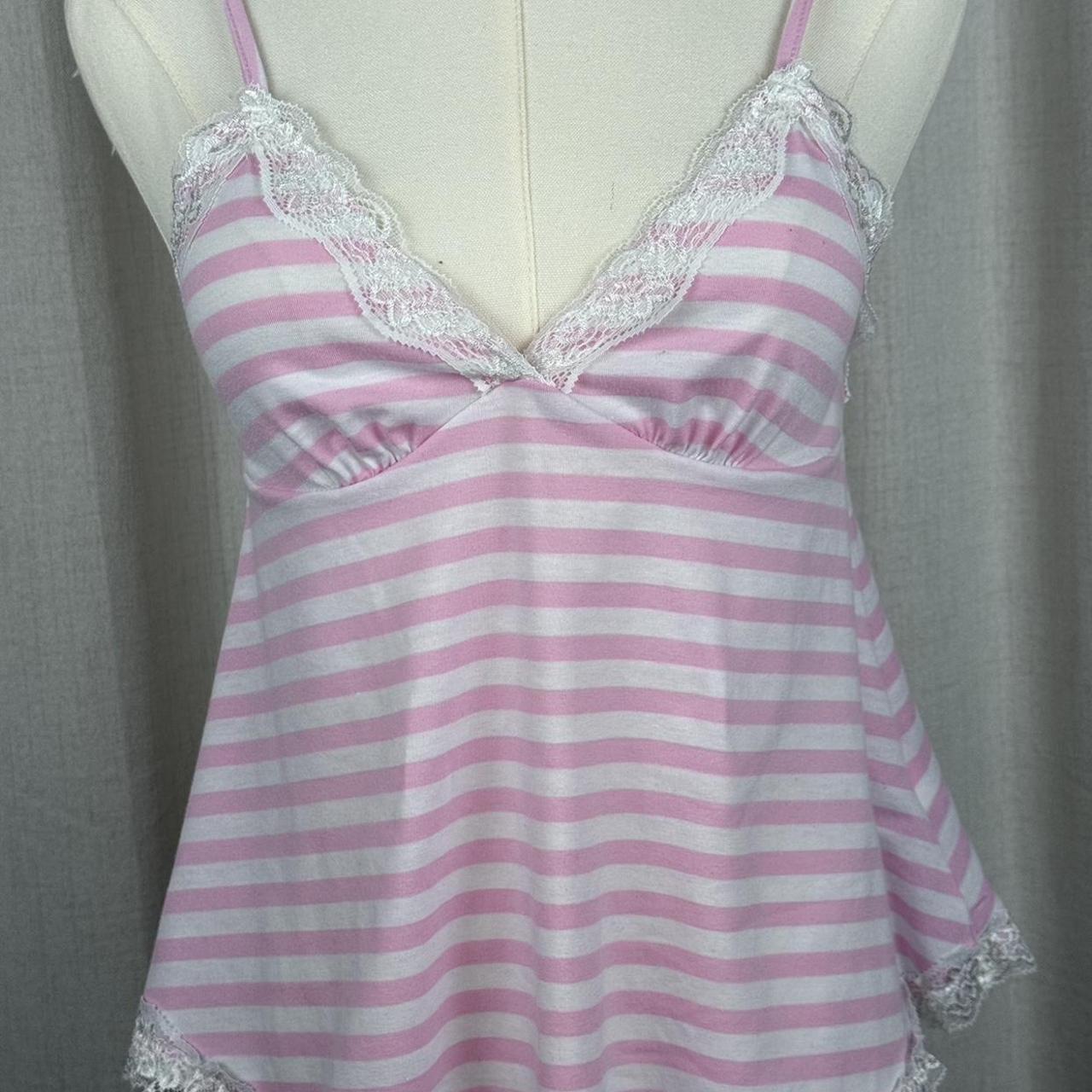 Pink and white striped cami top with lace trim... | Depop