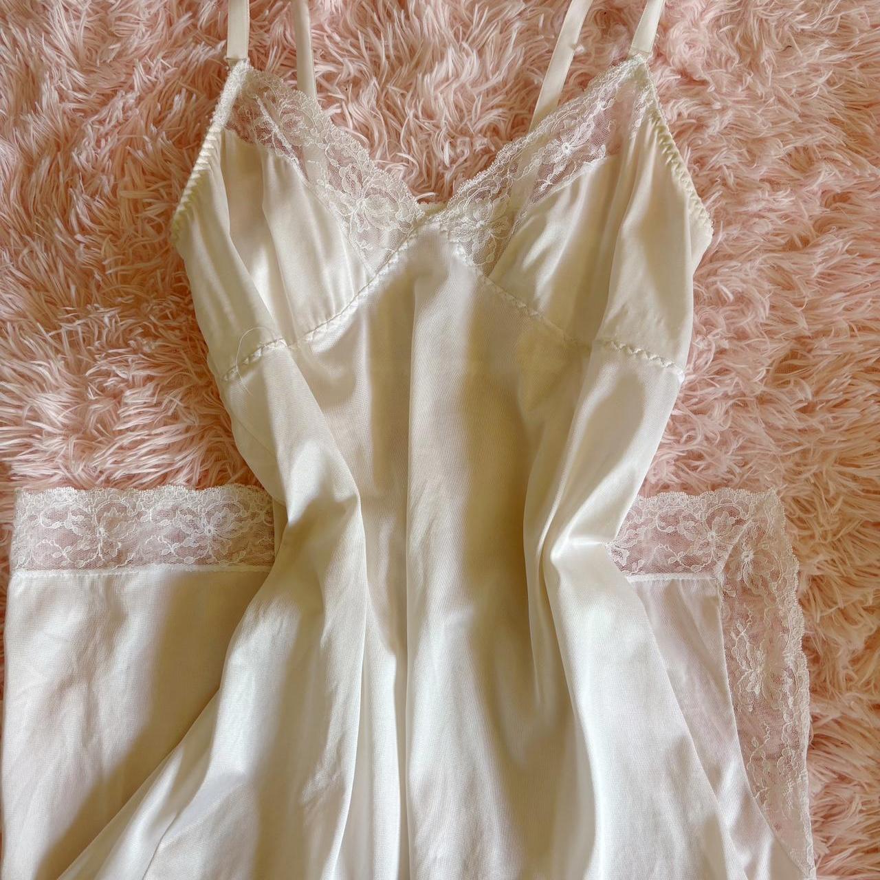vintage white silk slip dress with lace trim, has a... | Depop