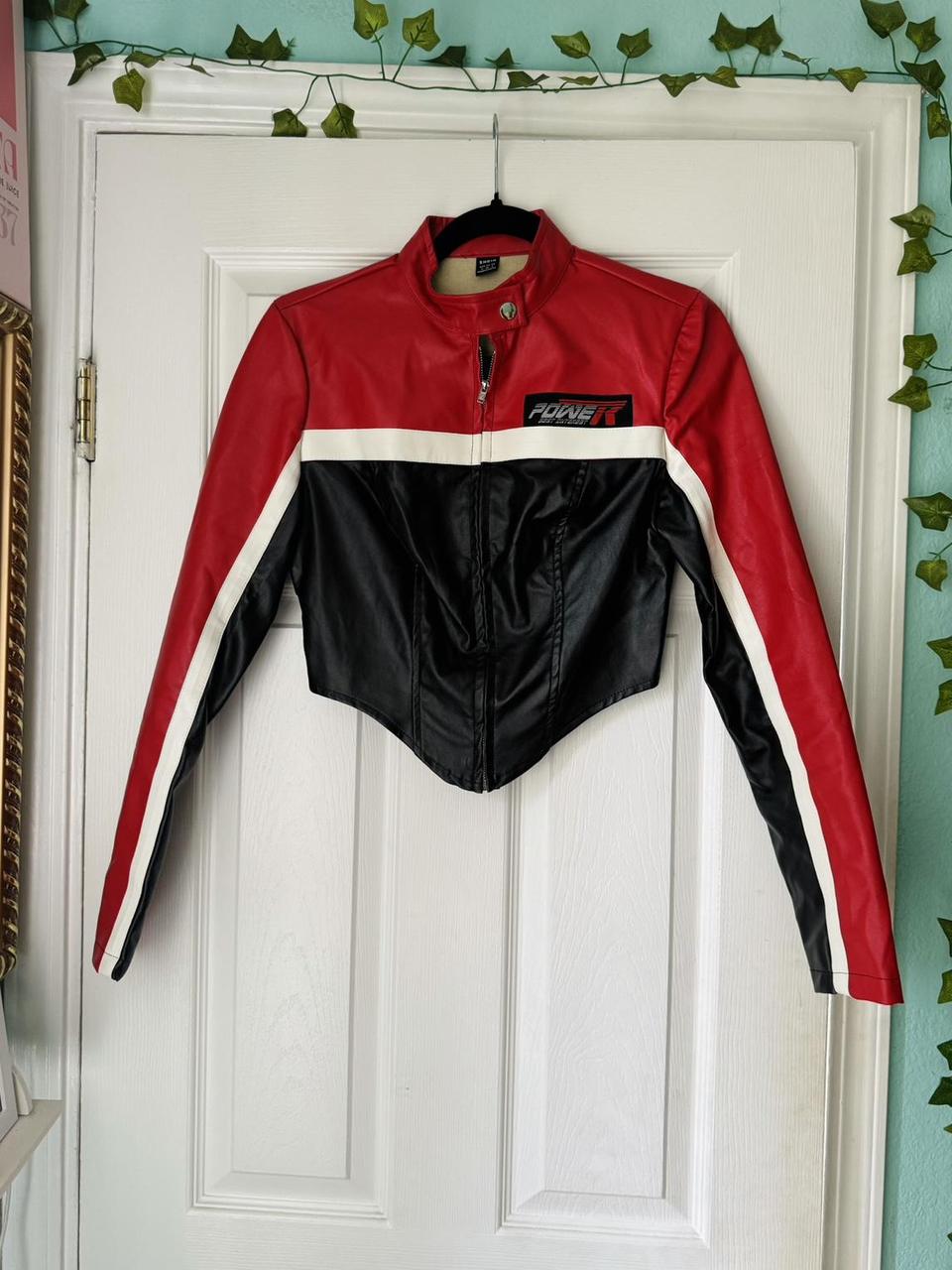 cropped leather race jacket “V neck hemline”... - Depop