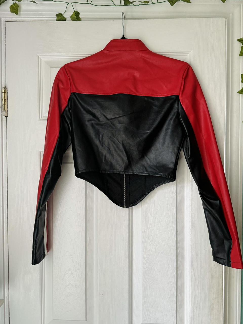 cropped leather race jacket “V neck hemline”... - Depop