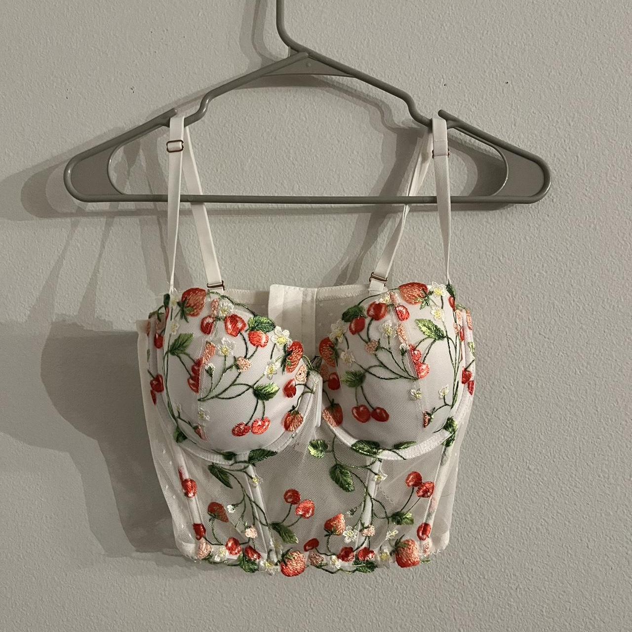 victoria secret cherry corset white top bra size:... - Depop
