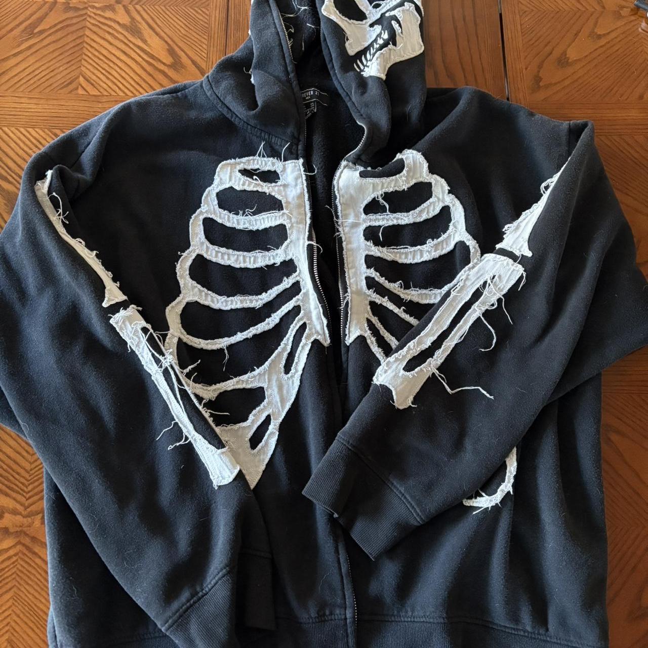 Black and white forever 21 skeleton zip-up hoodie... | Depop