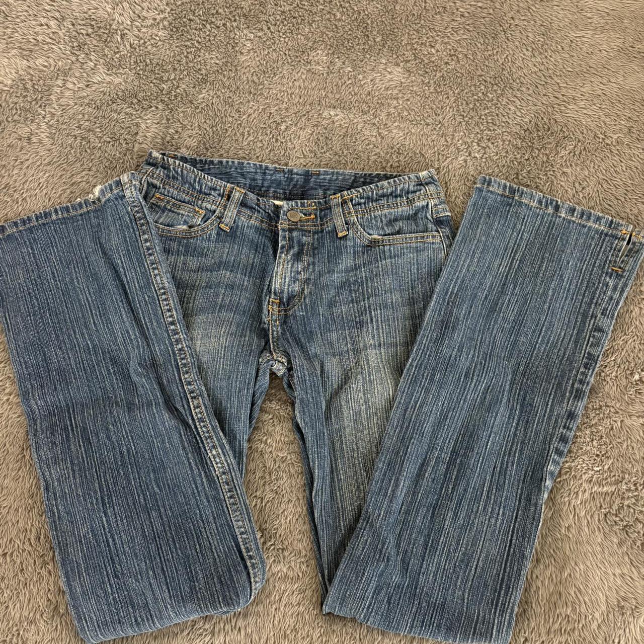 Low-rise, wide-leg blue jeans #y2kstyle flare fits... | Depop