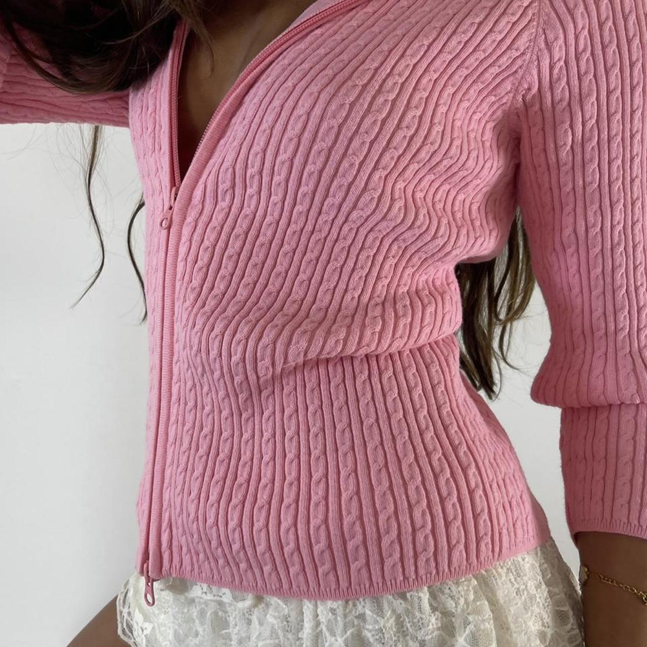 Vintage 2000s y2k cable knit quarter sleeve pink zip... | Depop