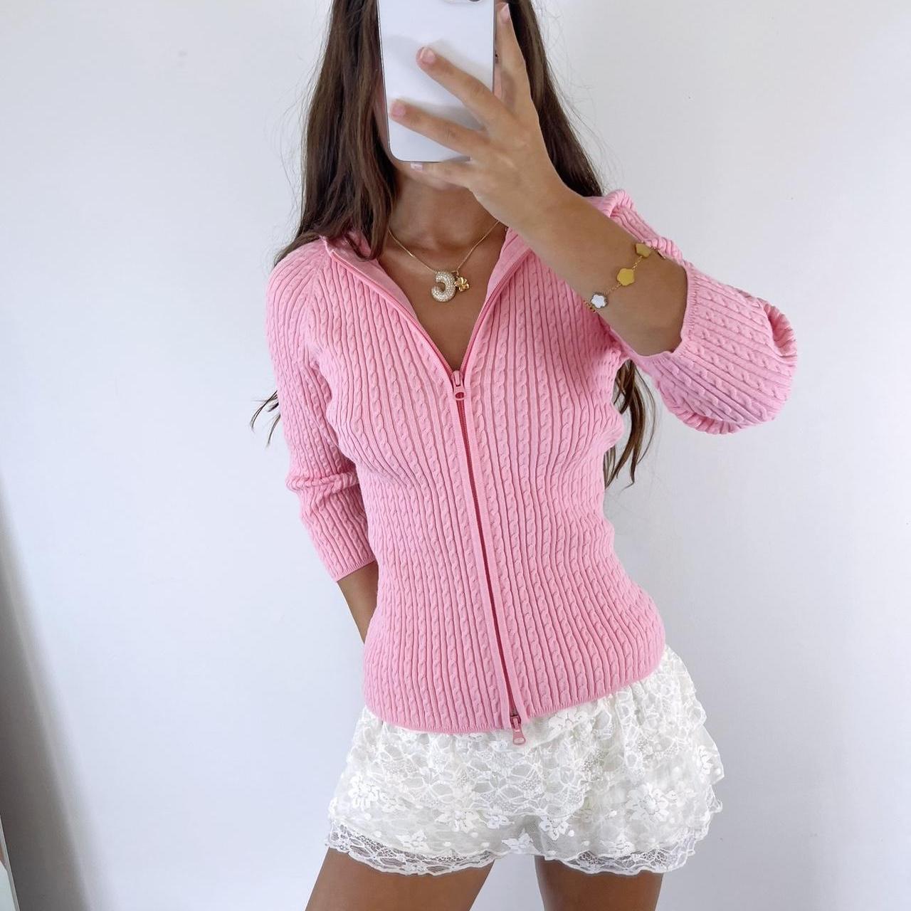 Vintage 2000s y2k cable knit quarter sleeve pink zip... | Depop
