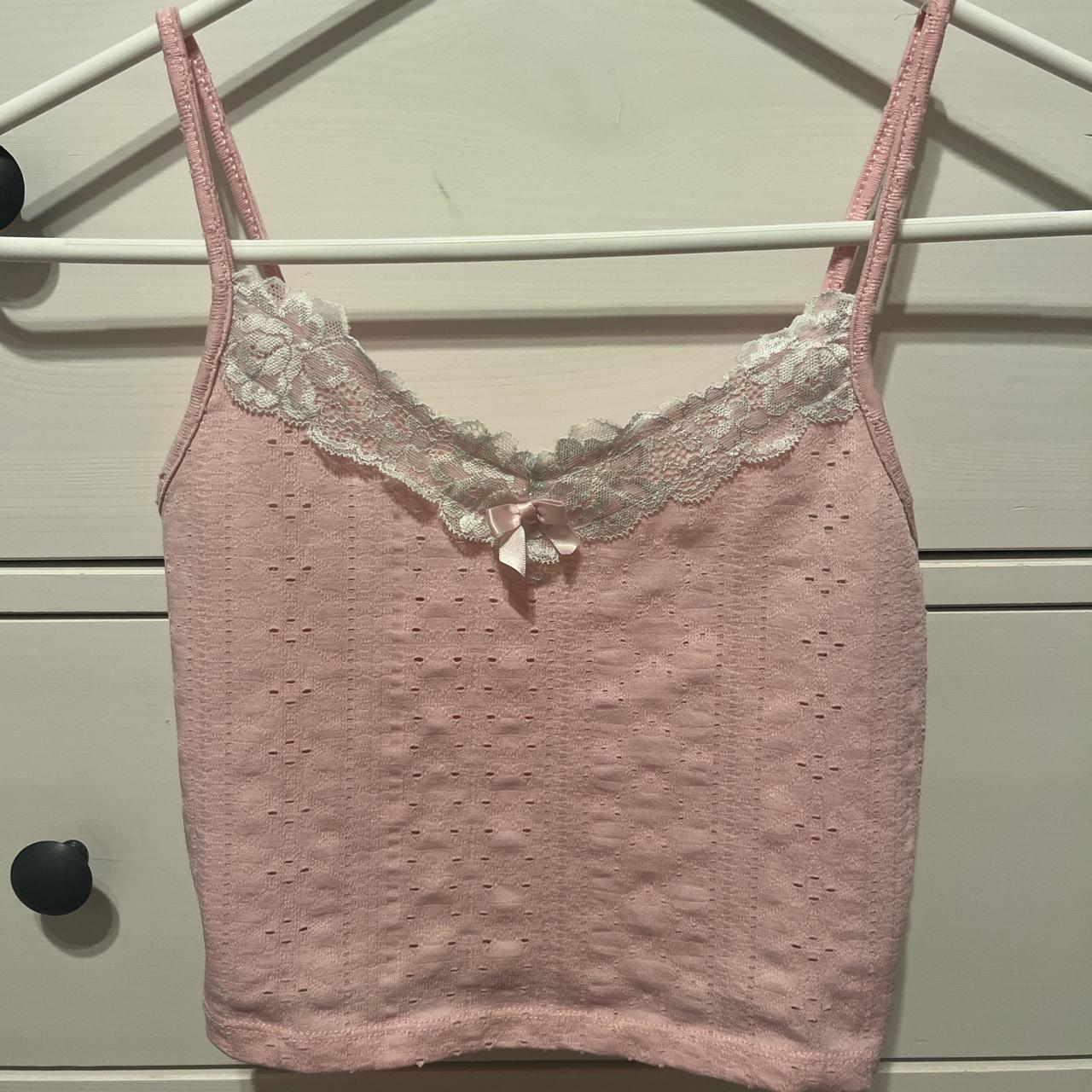 Pink lace camisole top, wore it a couple times,... | Depop