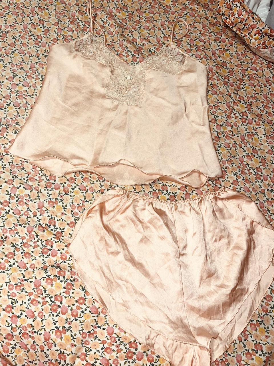 Vintage Satin Peach 2 Piece Pajama Set... - Depop