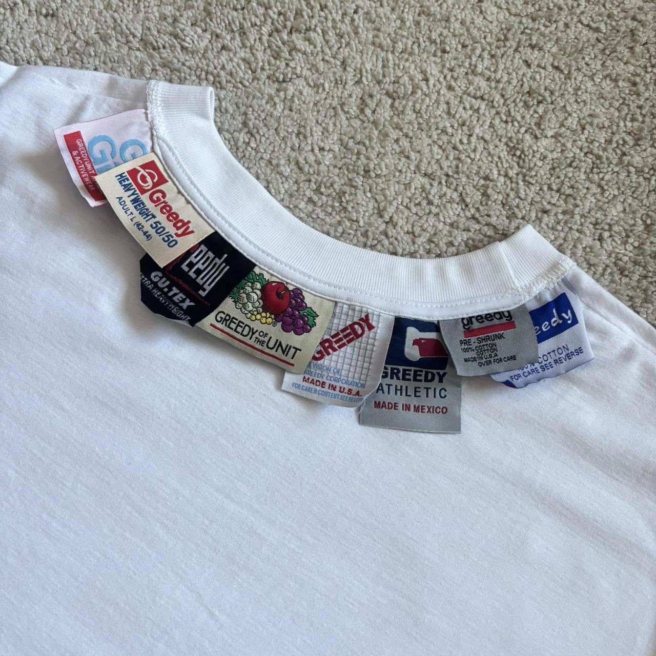 Greedy Unit multi tag white tee Inside out design... | Depop