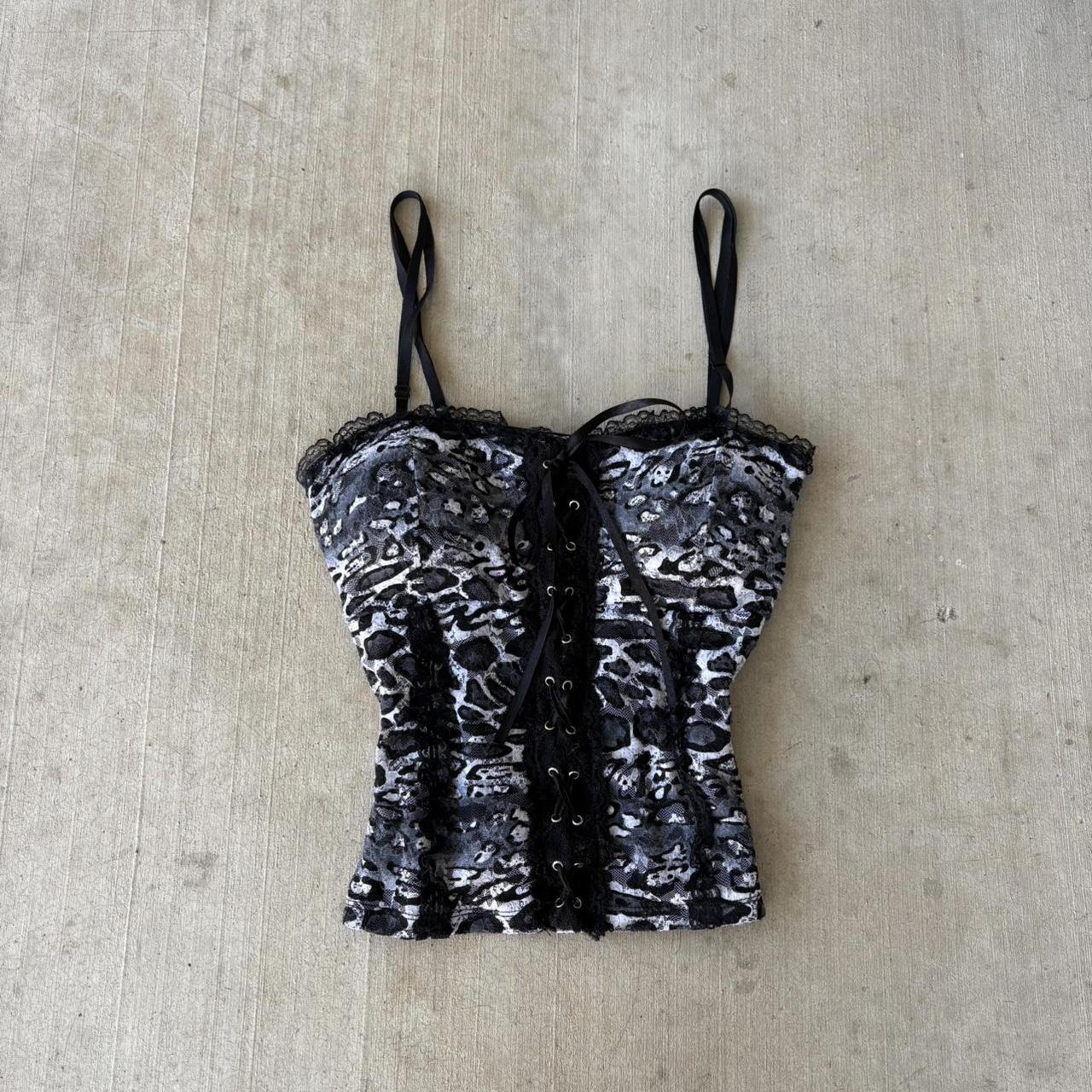 Snow leopard print lace corset cami Black and grey... | Depop