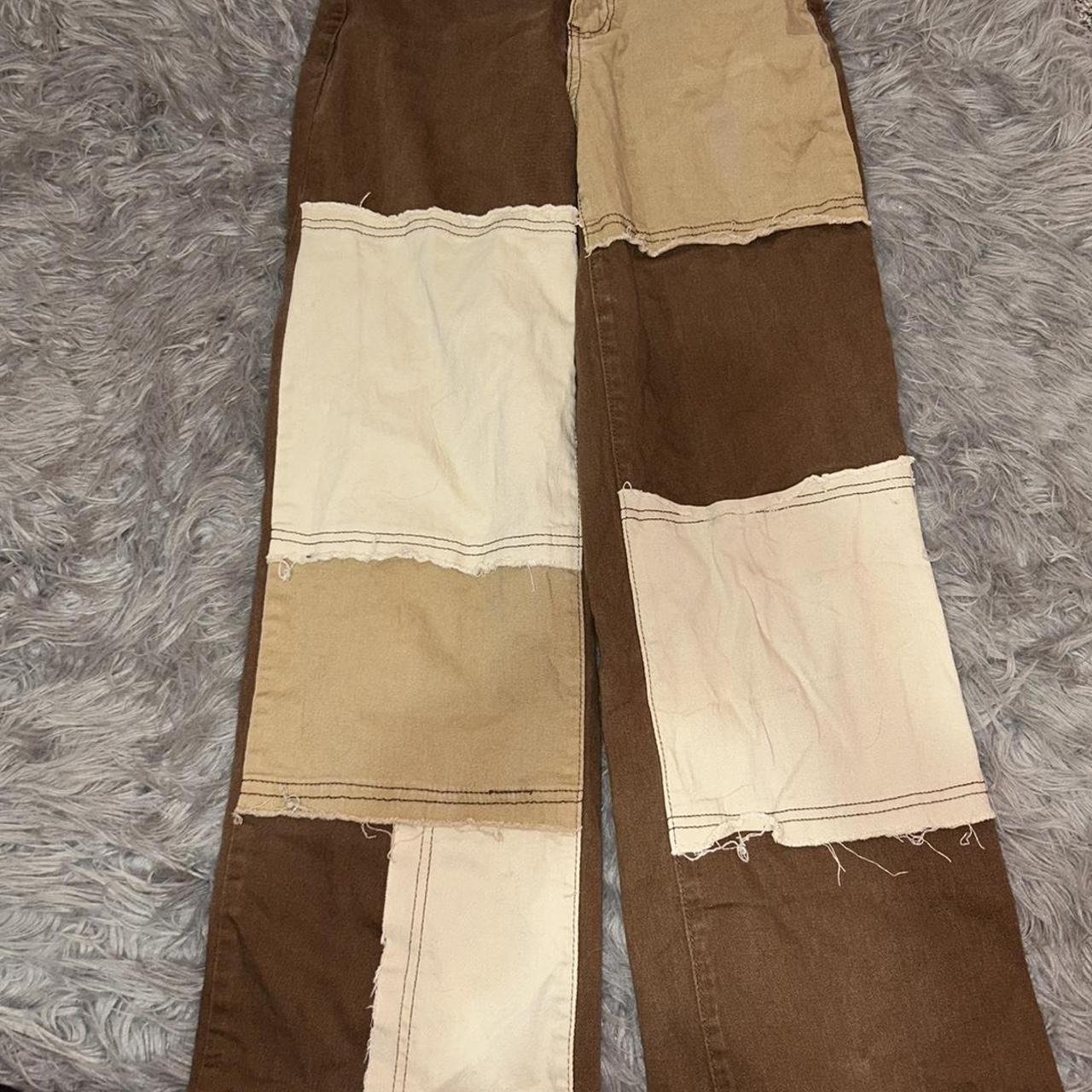 brown patchwork jeans ripped purposely on... - Depop