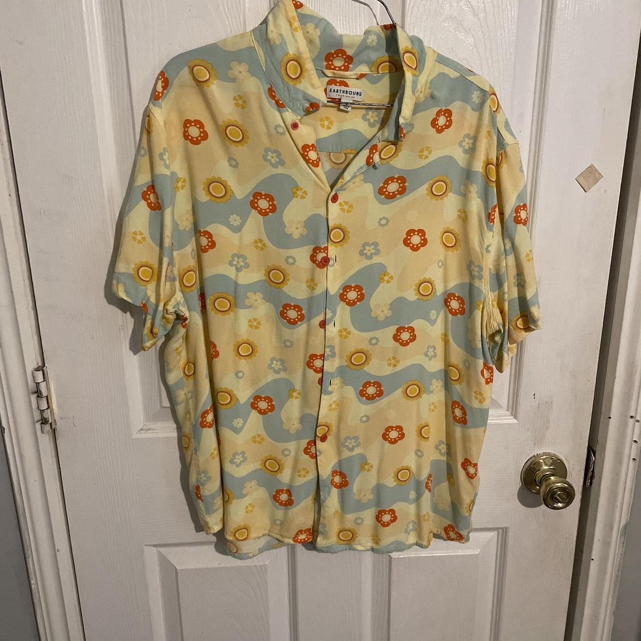 Large floral earthbound button-up #retro #funky... - Depop