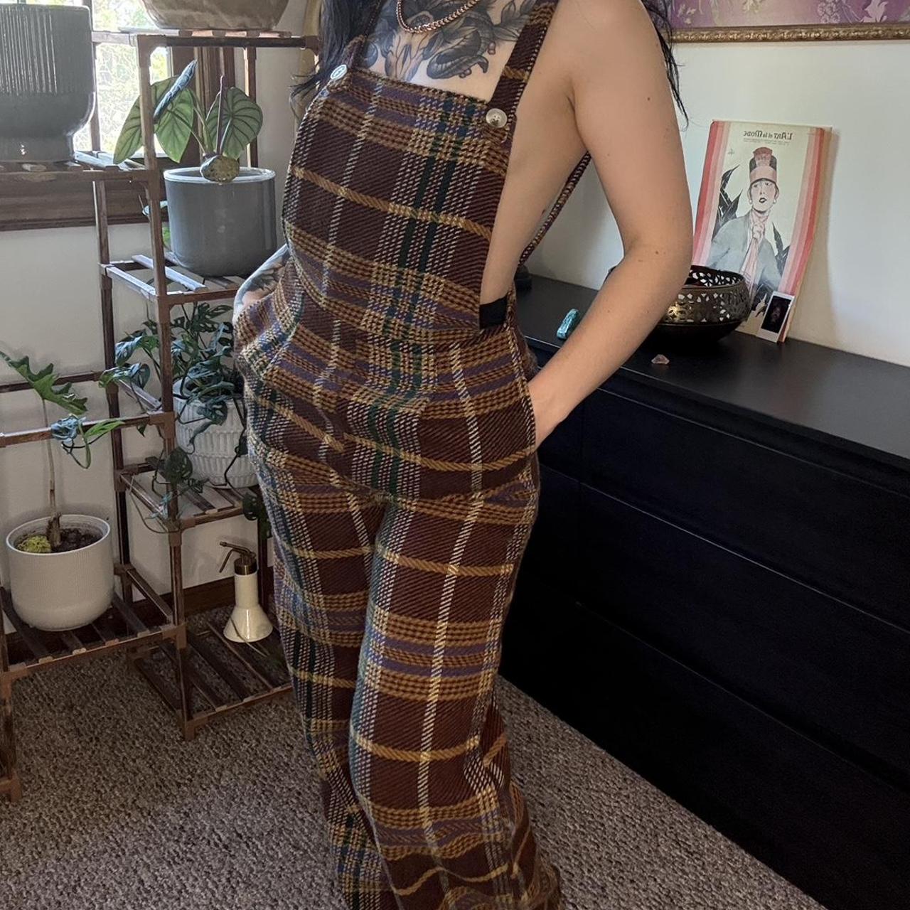 Plaid flannel like material overalls super cute just... | Depop