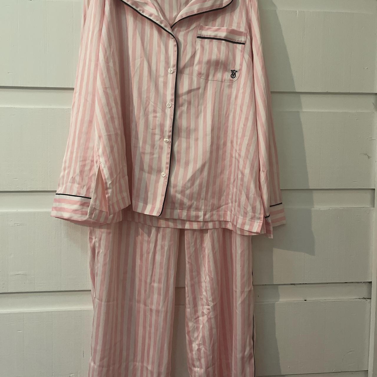 Pink and white striped Victoria's Secret pajama set... | Depop