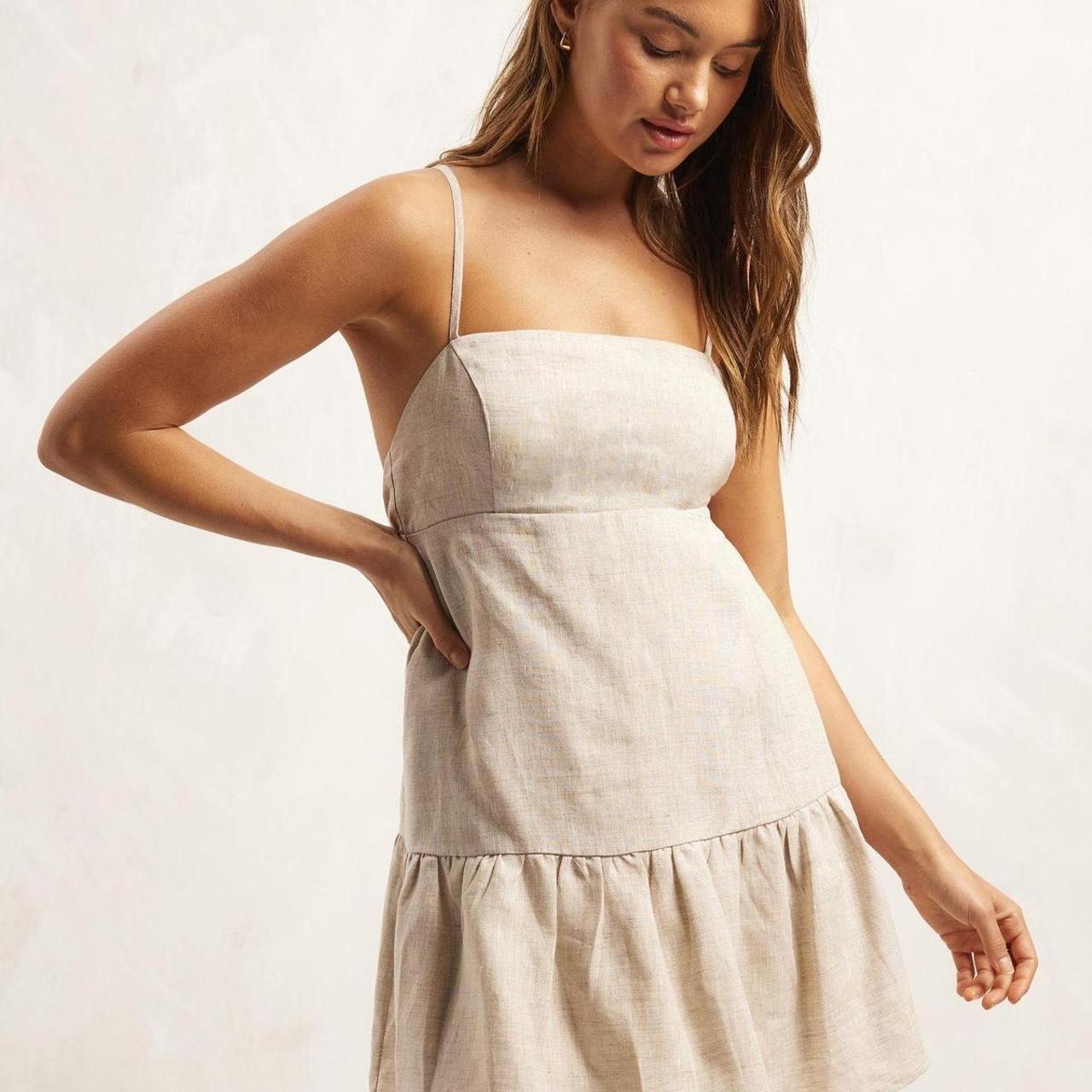 Aere linen mini dress Oatmeal / beige Size 10 Tie... | Depop