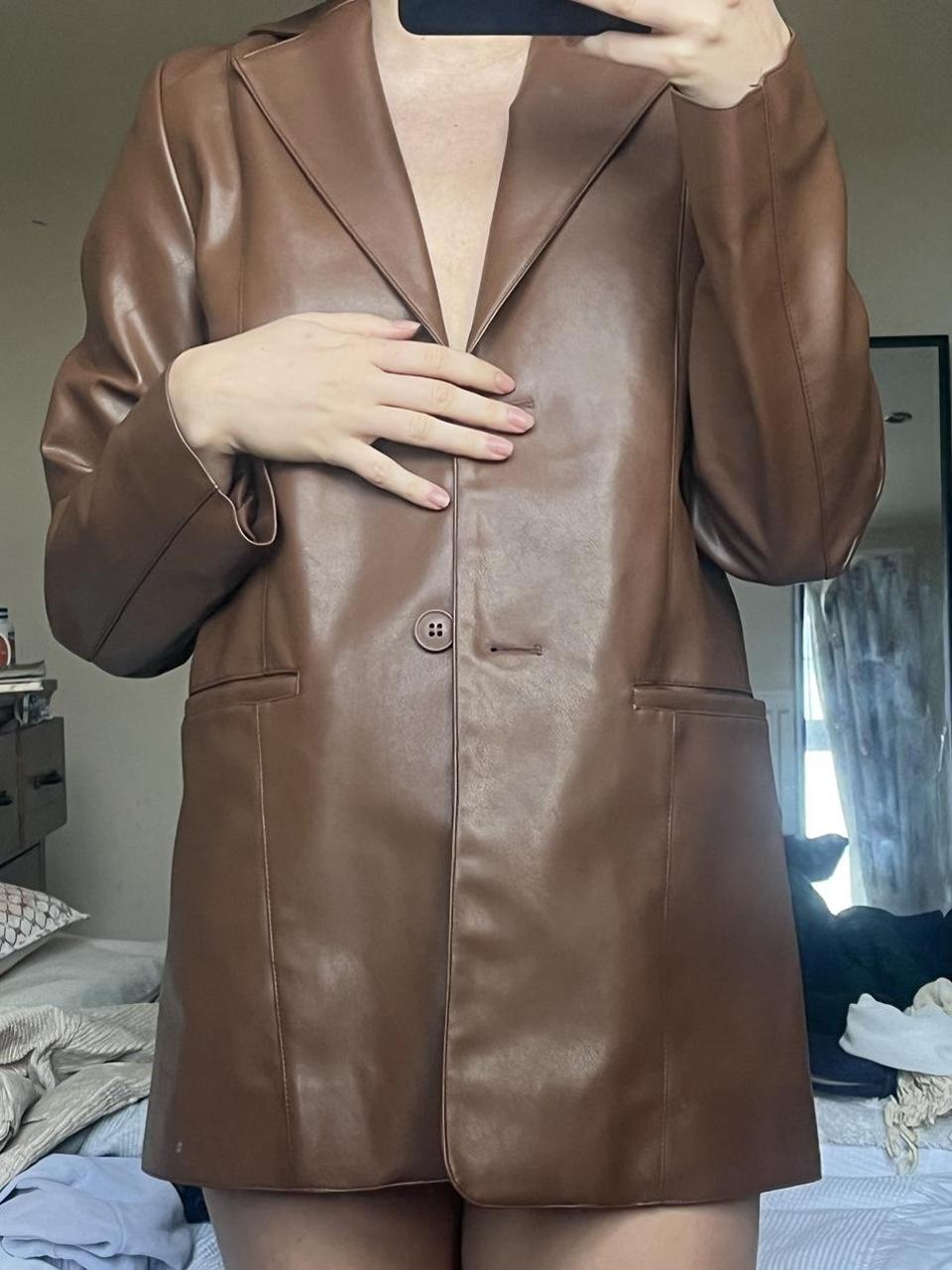 Brown leather jacket weekday - Depop
