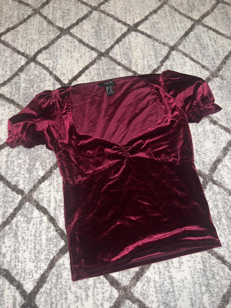 Forever 21 Velvet top with ruffled sleeve in burgundy - Depop