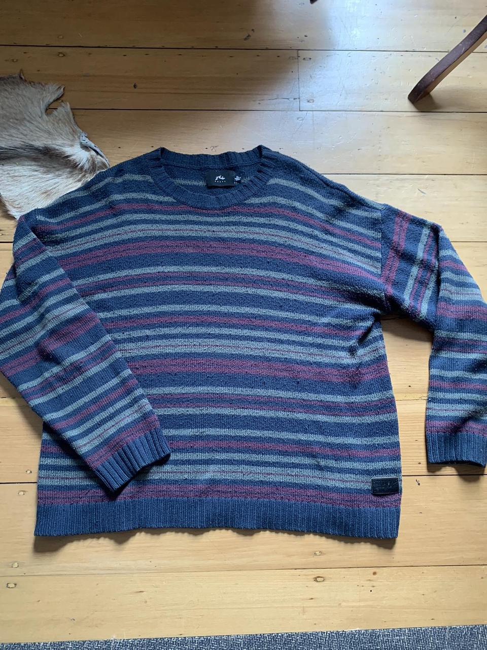 Rusty surfwear jumper Navy red and grey striped Size... - Depop