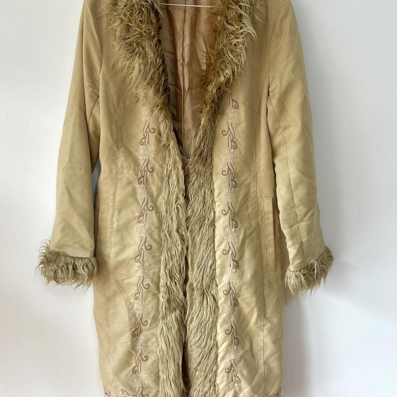 Tan faux fur retro penny lane coat with embroidered... - Depop
