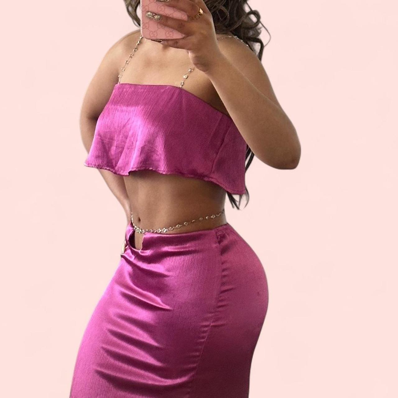 Pink satin bandeau top and skirt set with diamond... | Depop