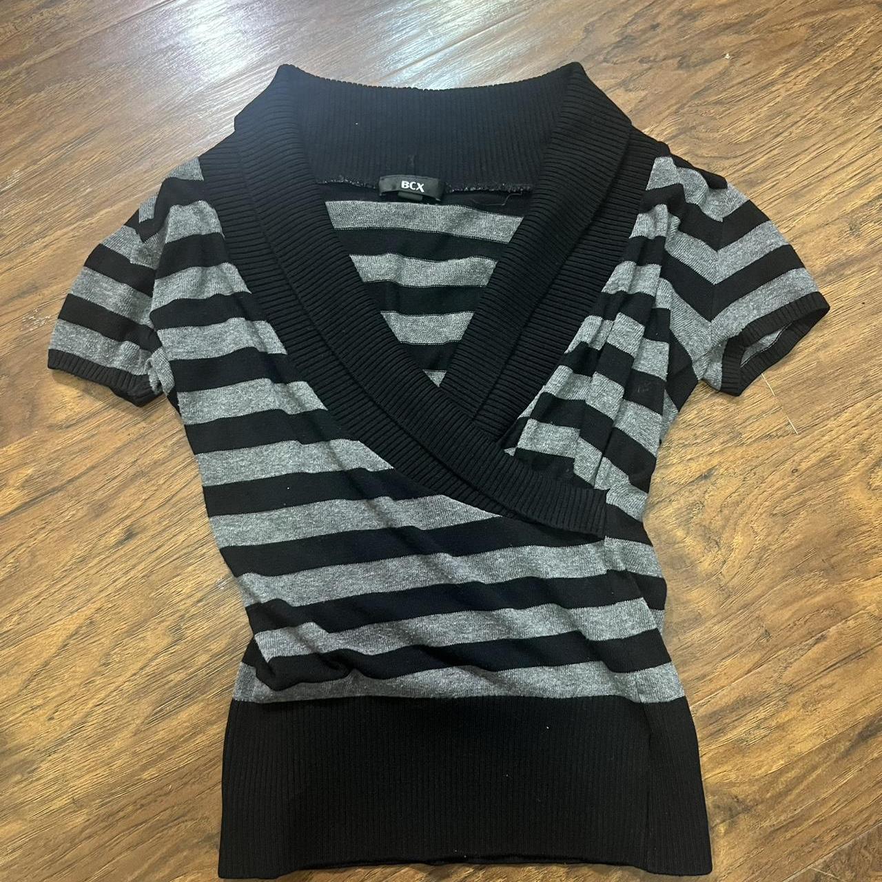Super cute black and grey striped BCBG sweater top... | Depop