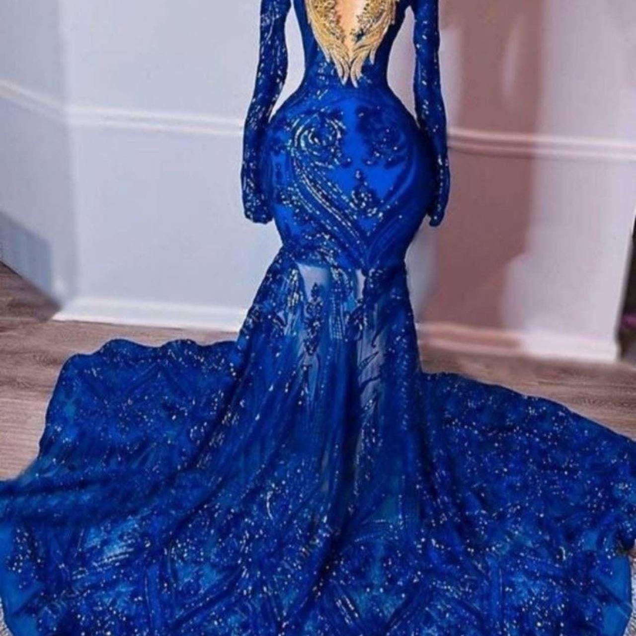 Royal blue and gold prom dress, only worn once. The... | Depop