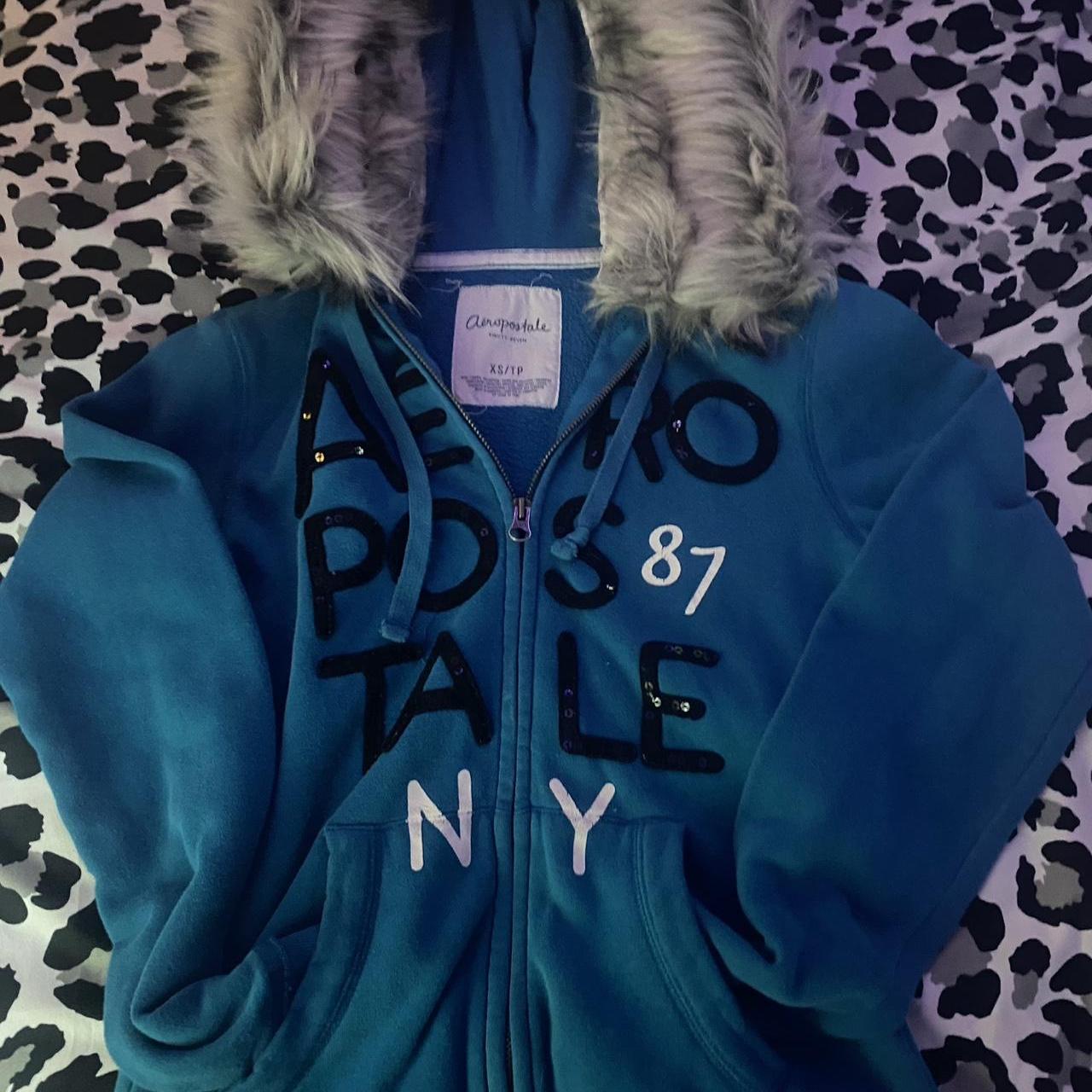 Teal vintage Aeropostale zip up hoodie with faux fur... | Depop
