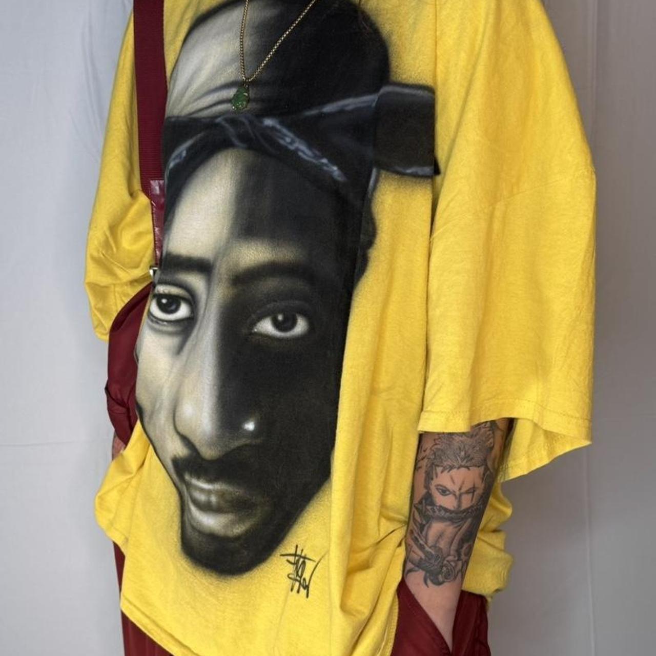 Airbrush Tupac Graphic Tee Yellow and Black... | Depop