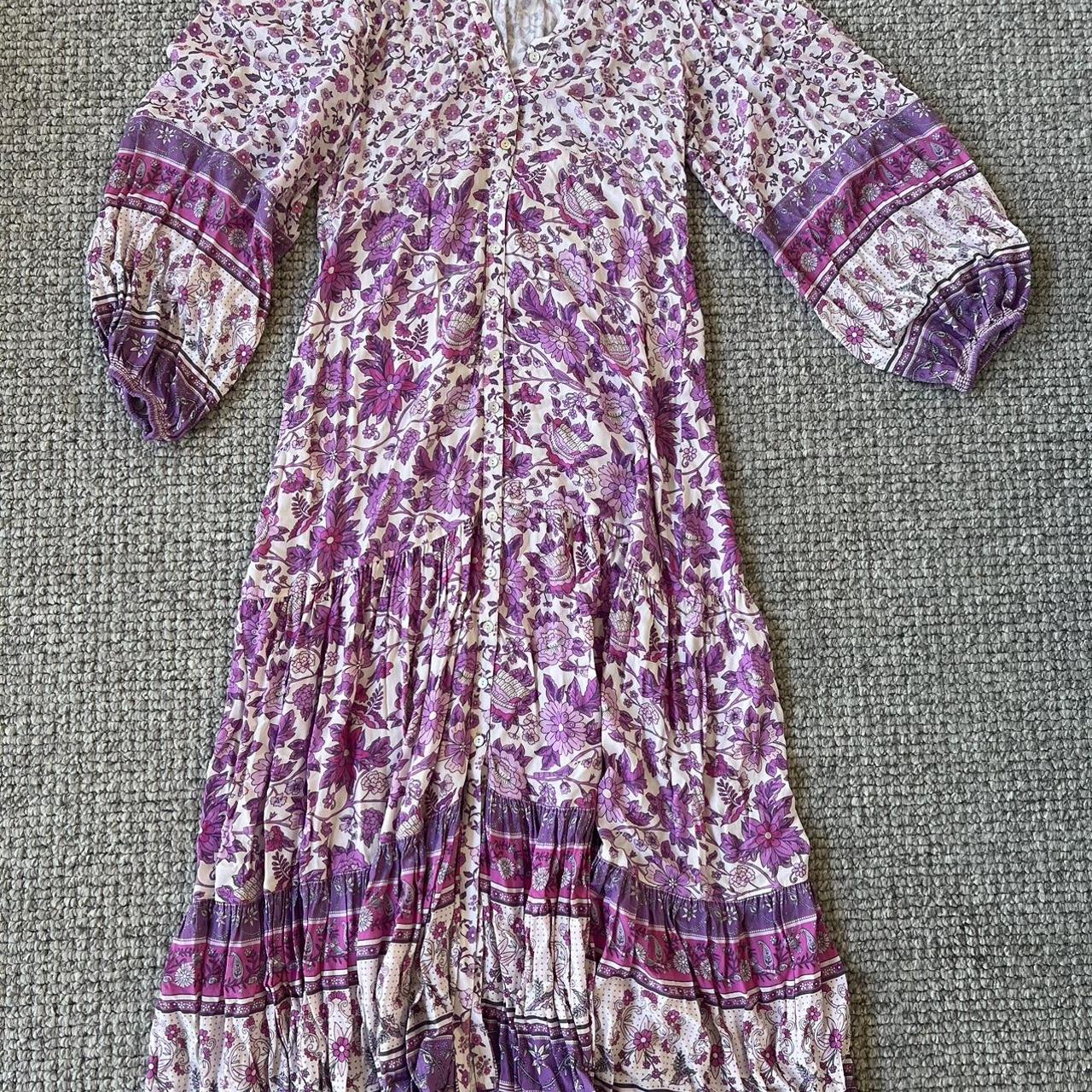 Spell maxi dress with purple floral print and ruffle... | Depop