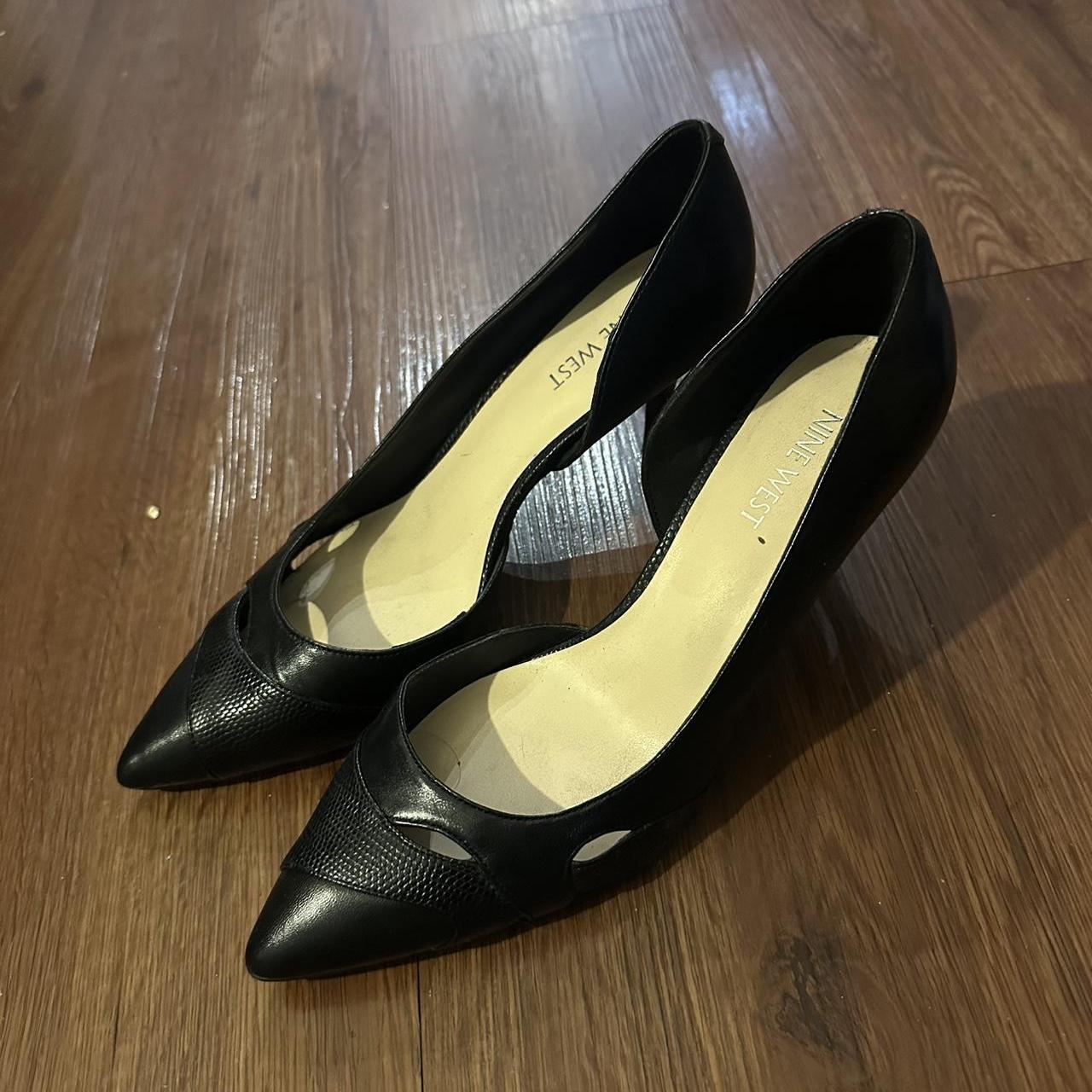 Black leather court shoes with pointed toe and... | Depop