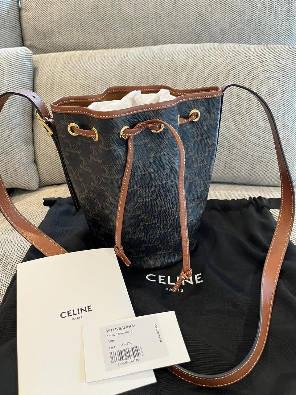 Authentic Celine small drawstring bag in triomphe... - Depop